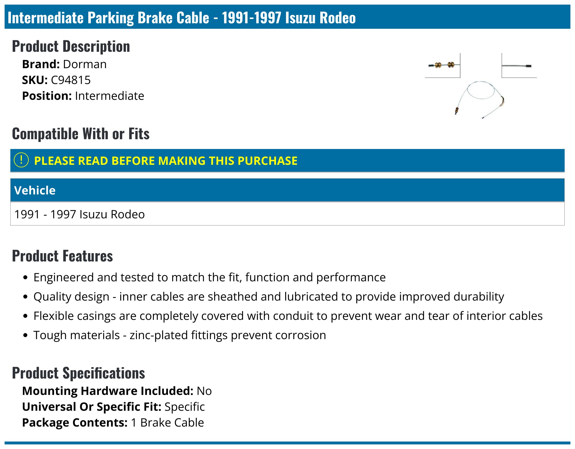 1991-1997 Isuzu Rodeo Parking Brake Cable - Dorman C94815 ...