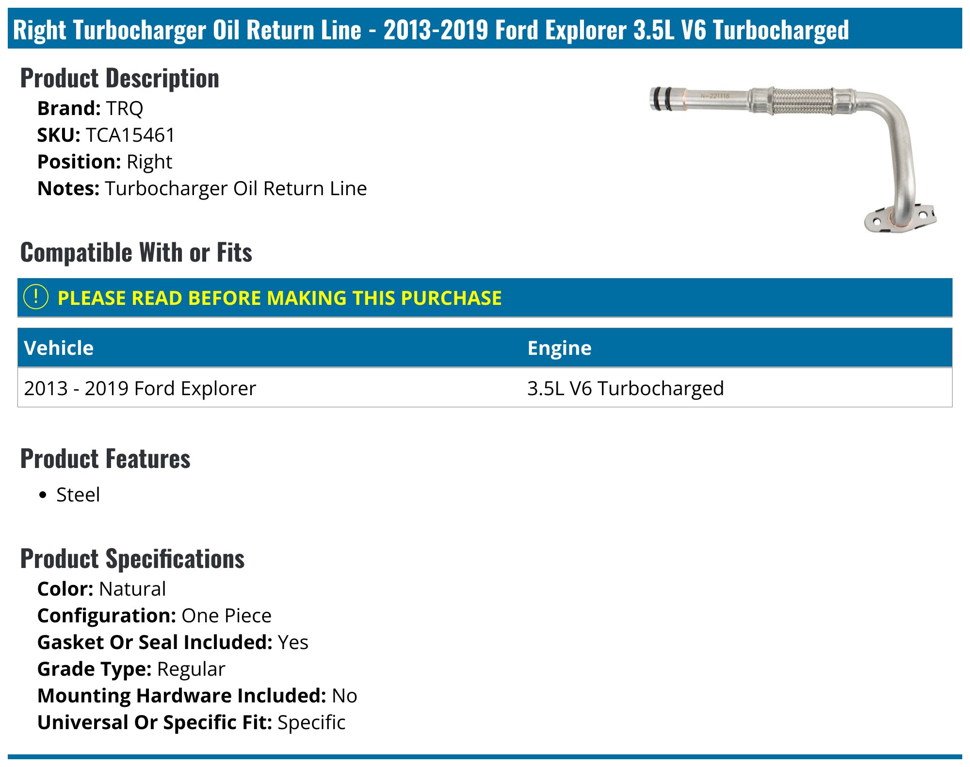 2013-2019 Ford Explorer Turbocharger Oil Return Line - TRQ TCA15461 ...