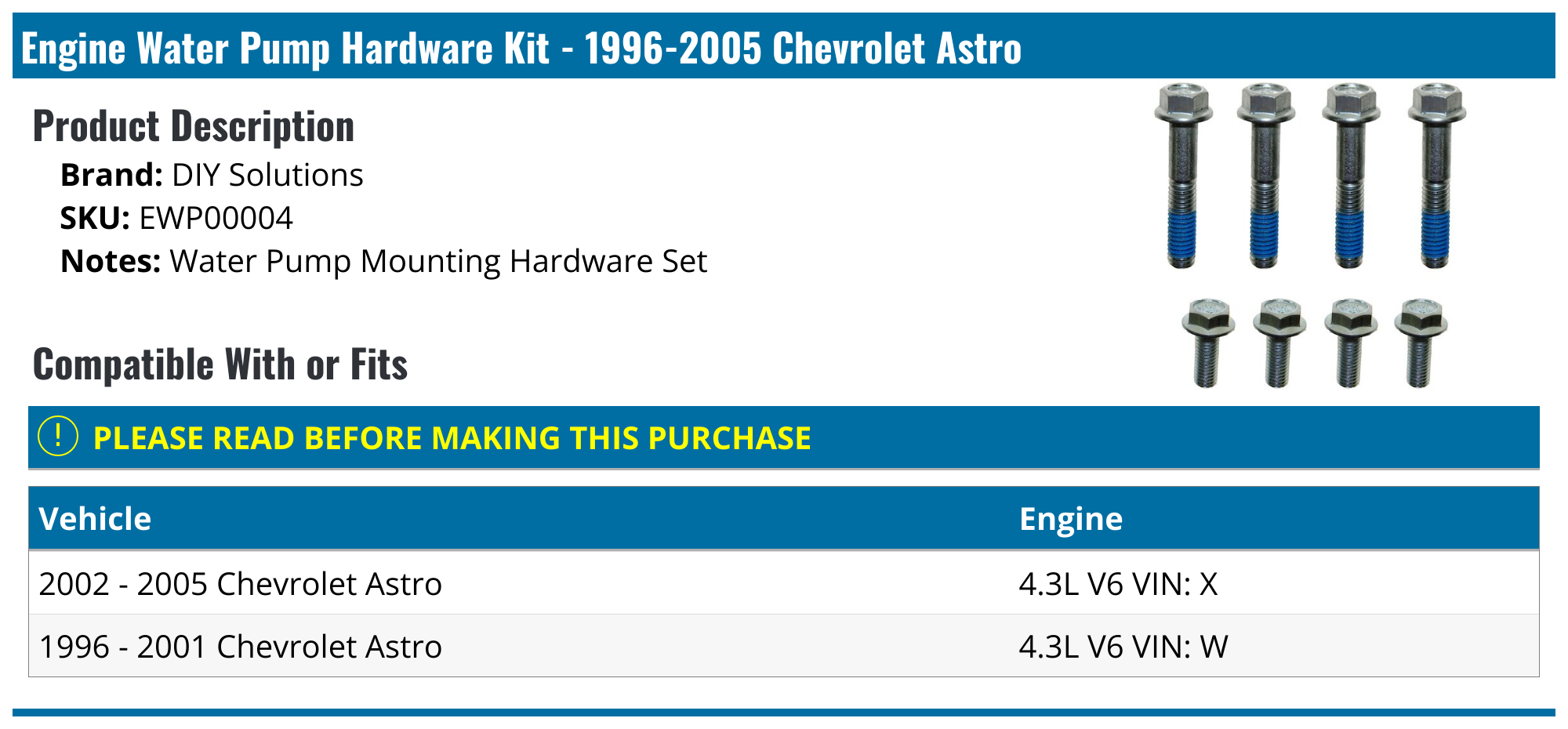 1996-2005 Chevrolet Astro Engine Water Pump Hardware Kit - DIY ...