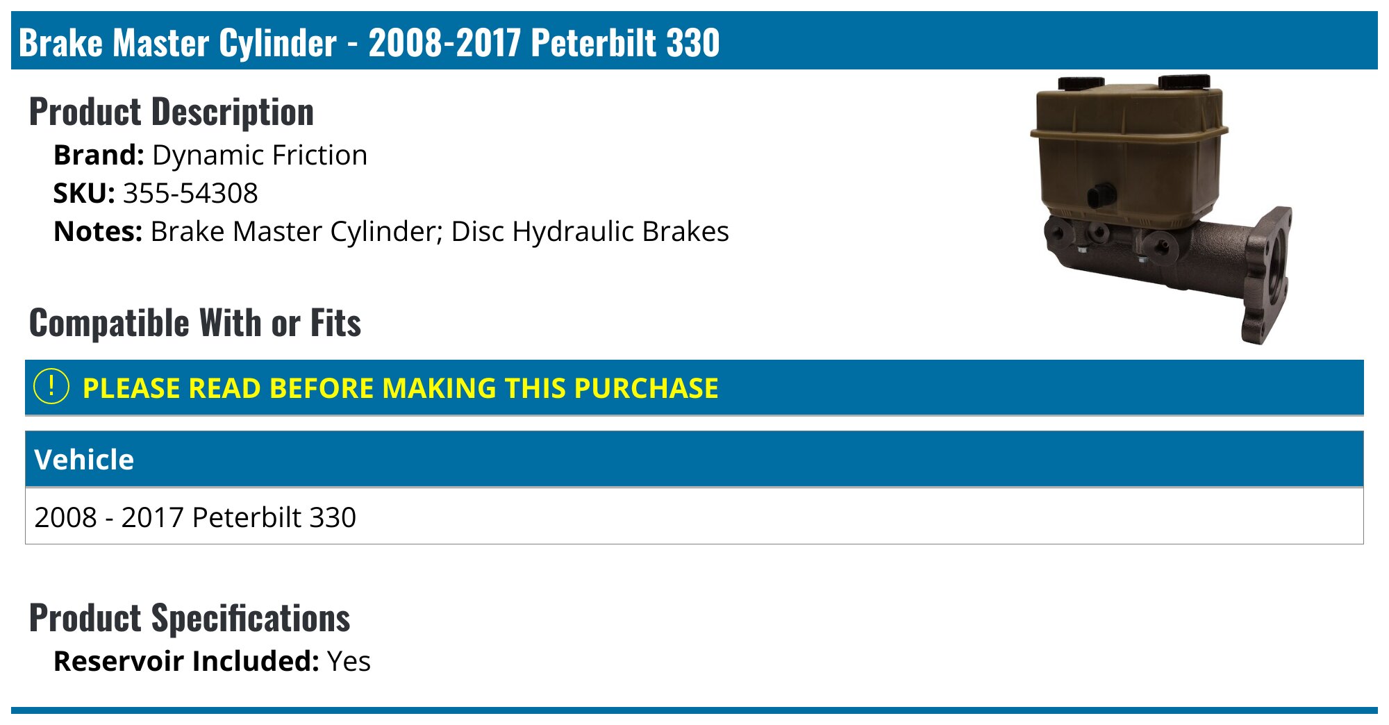 2008-2017 Peterbilt 330 Brake Master Cylinder - Dynamic Friction 355 ...