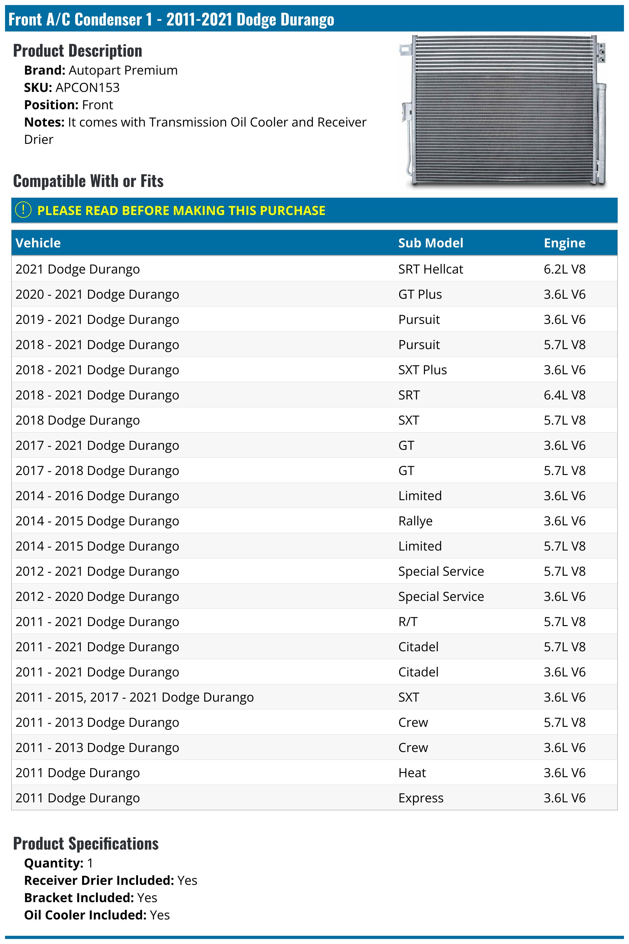 2011-2021 Dodge Durango A/C Condenser - Autopart Premium APCON153 ...