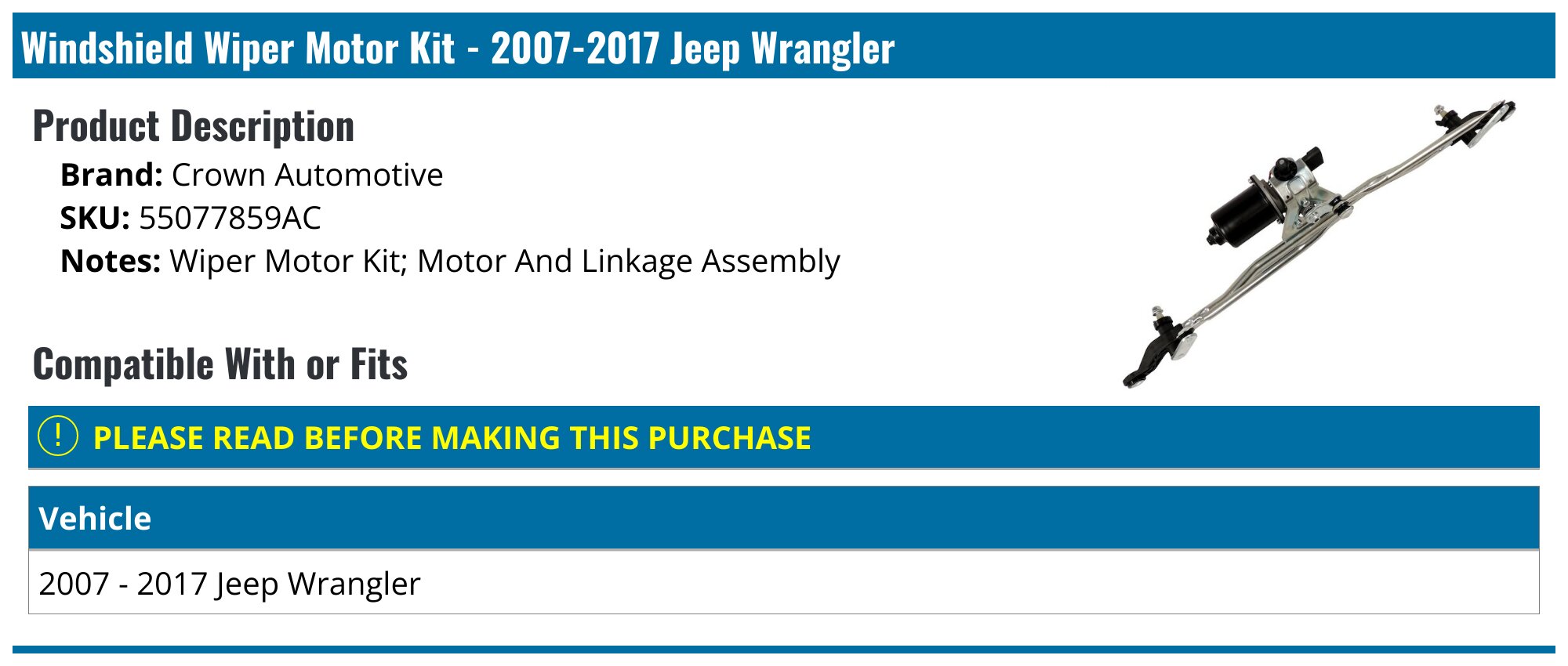 2007-2017 Jeep Wrangler Windshield Wiper Motor Kit - Crown Automotive ...