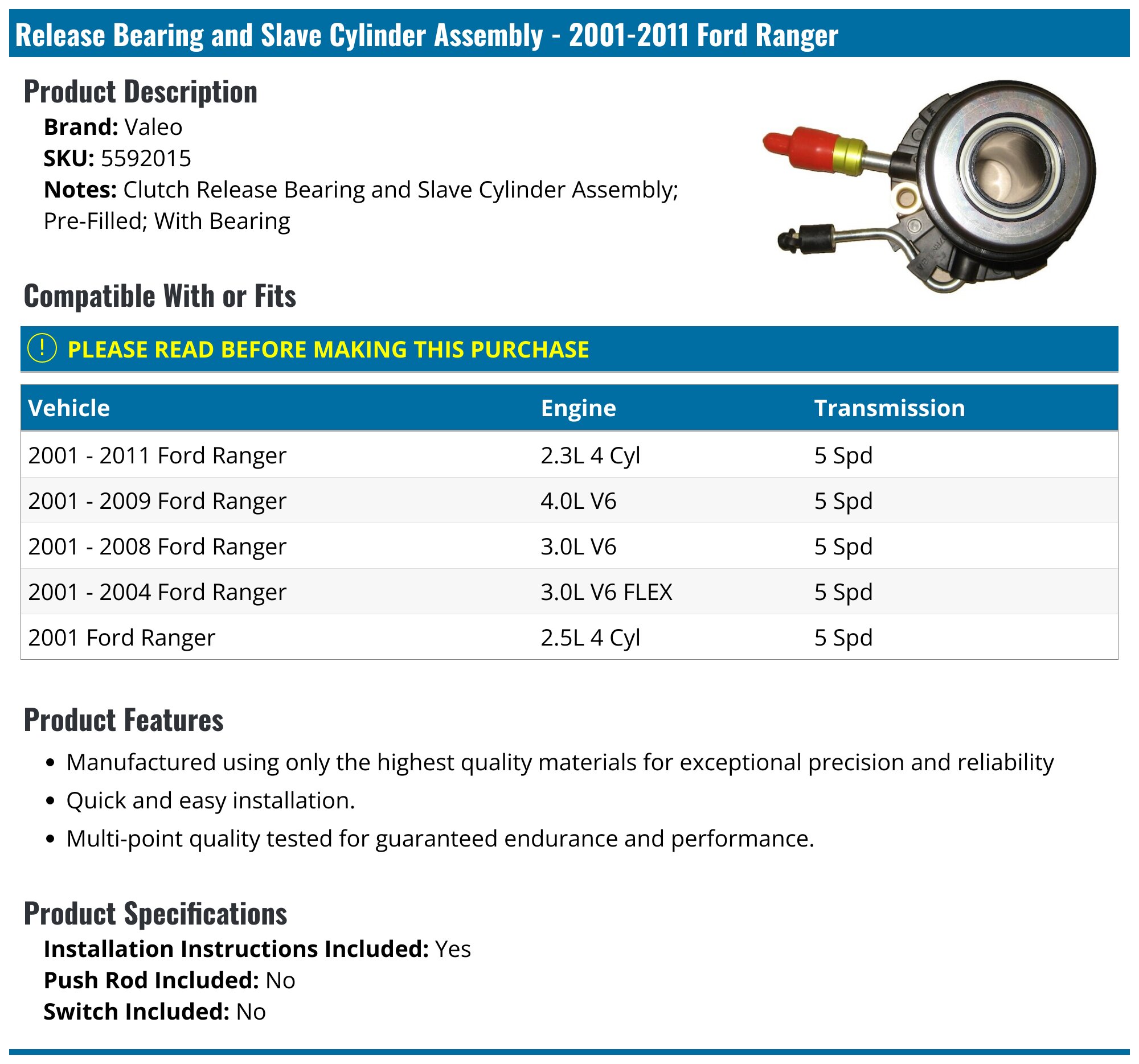 2001-2011 Ford Ranger Clutch Slave Cylinder - Valeo 5592015 - PartsGeek.com
