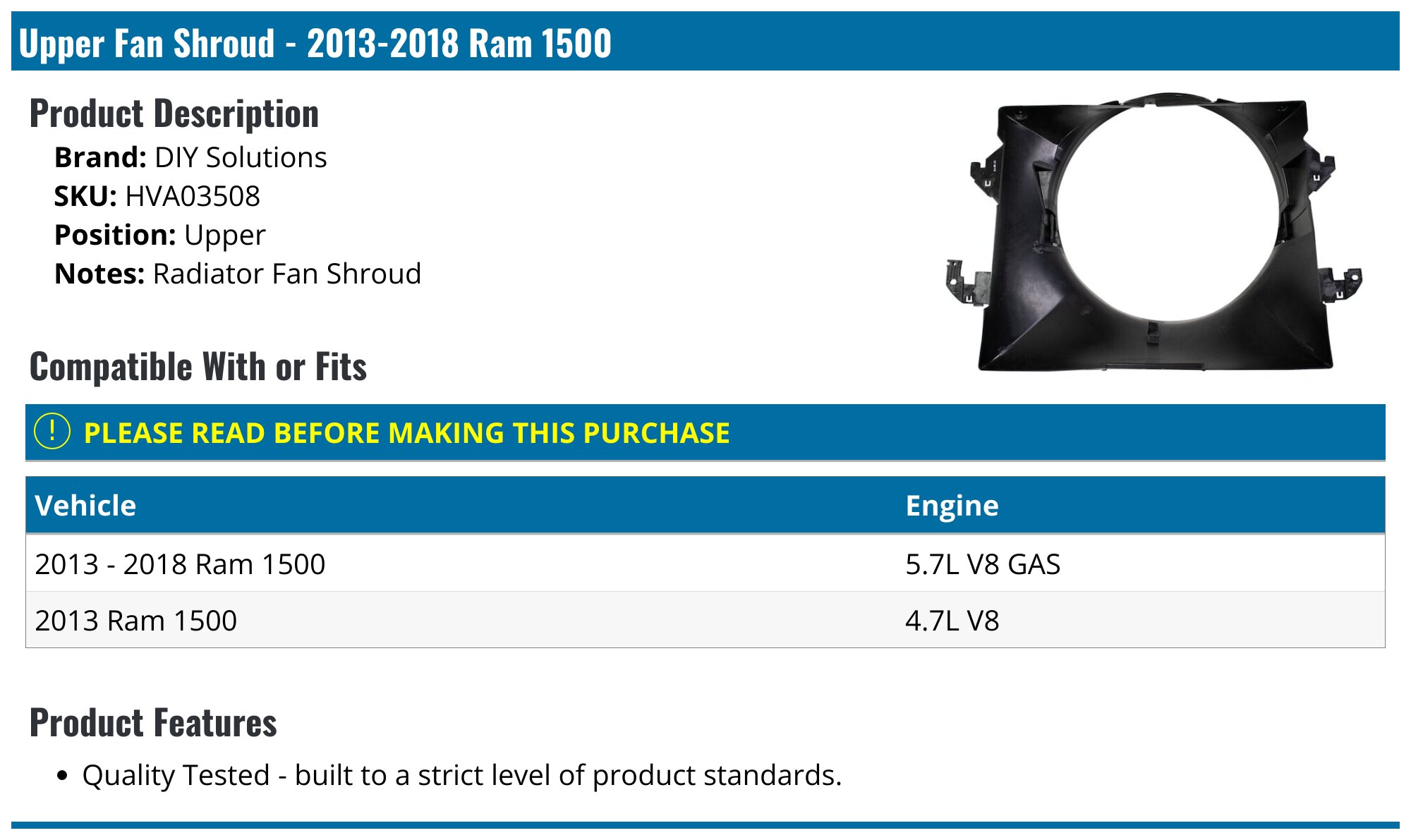 2013-2018 Ram 1500 Fan Shroud - DIY Solutions HVA03508 - Upper ...