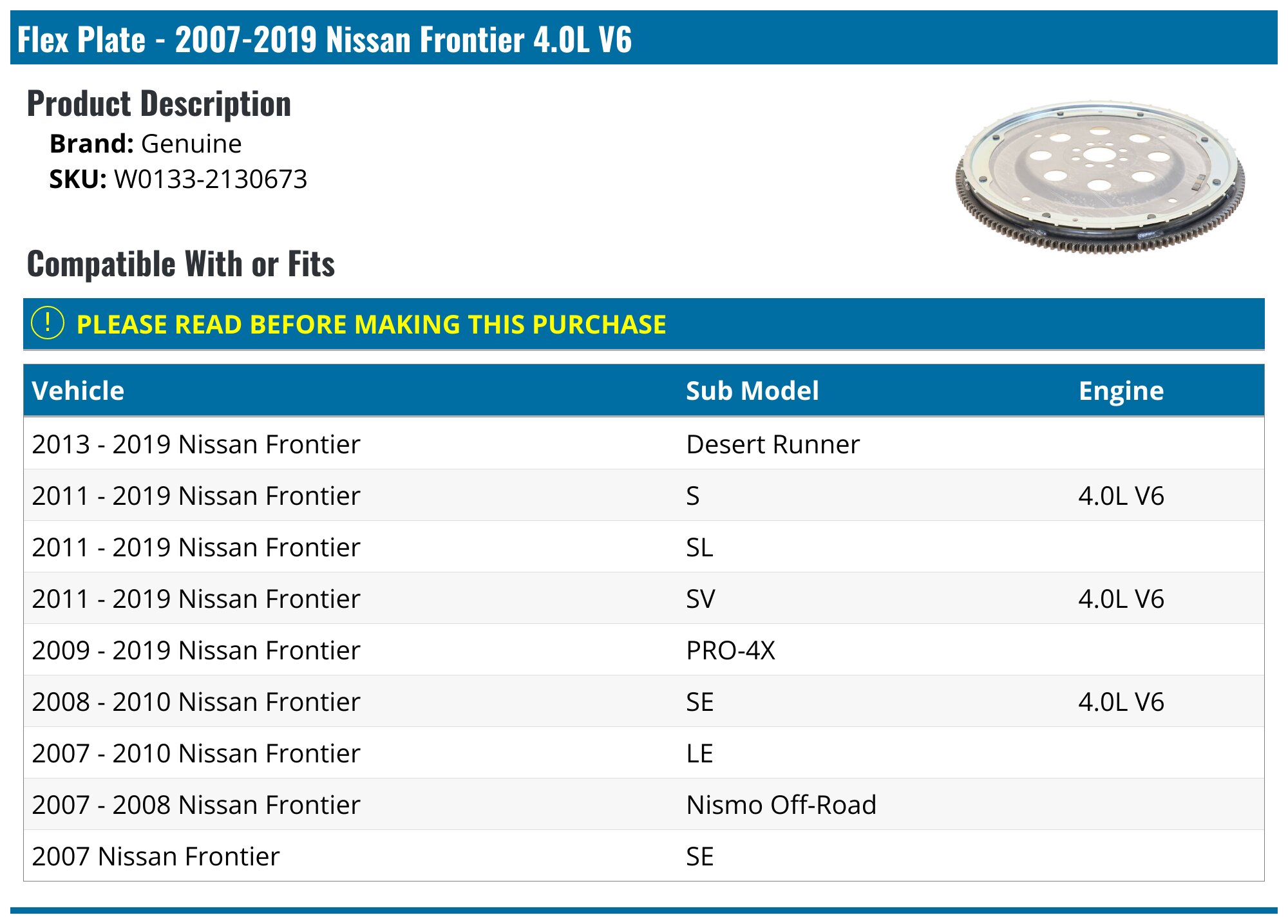 2007-2019 Nissan Frontier Flex Plate - Genuine W0133-2130673 ...