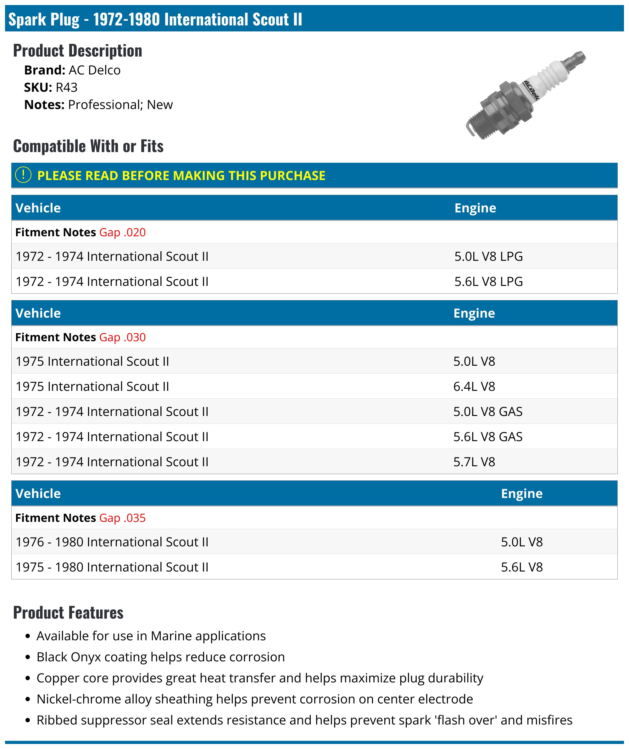 1972-1980 International Scout II Spark Plug - AC Delco R43 - PartsGeek.com