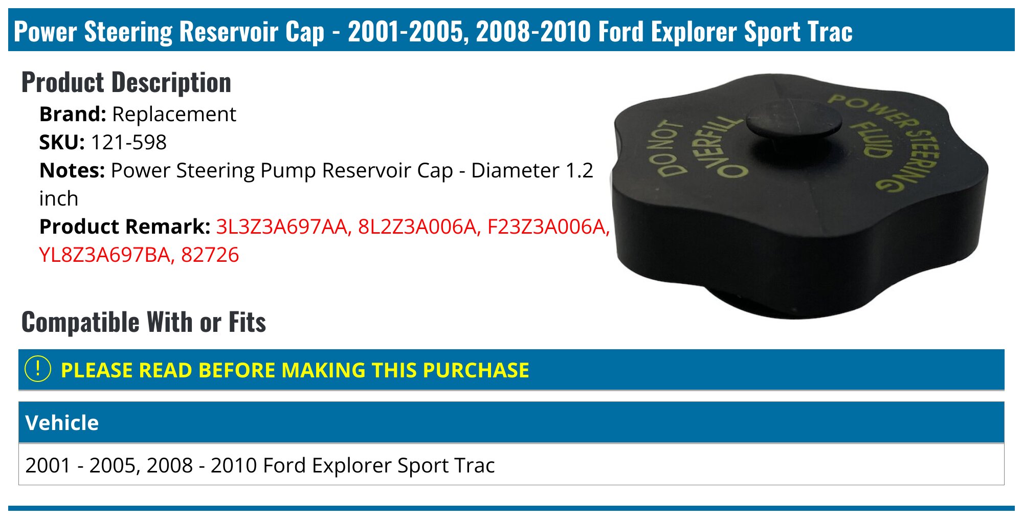 2001-2005, 2008-2010 Ford Explorer Sport Trac Power Steering Reservoir ...