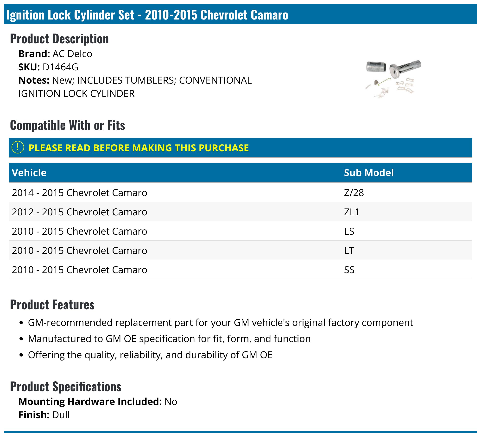 2010-2015 Chevrolet Camaro Ignition Lock Cylinder - AC Delco D1464G ...
