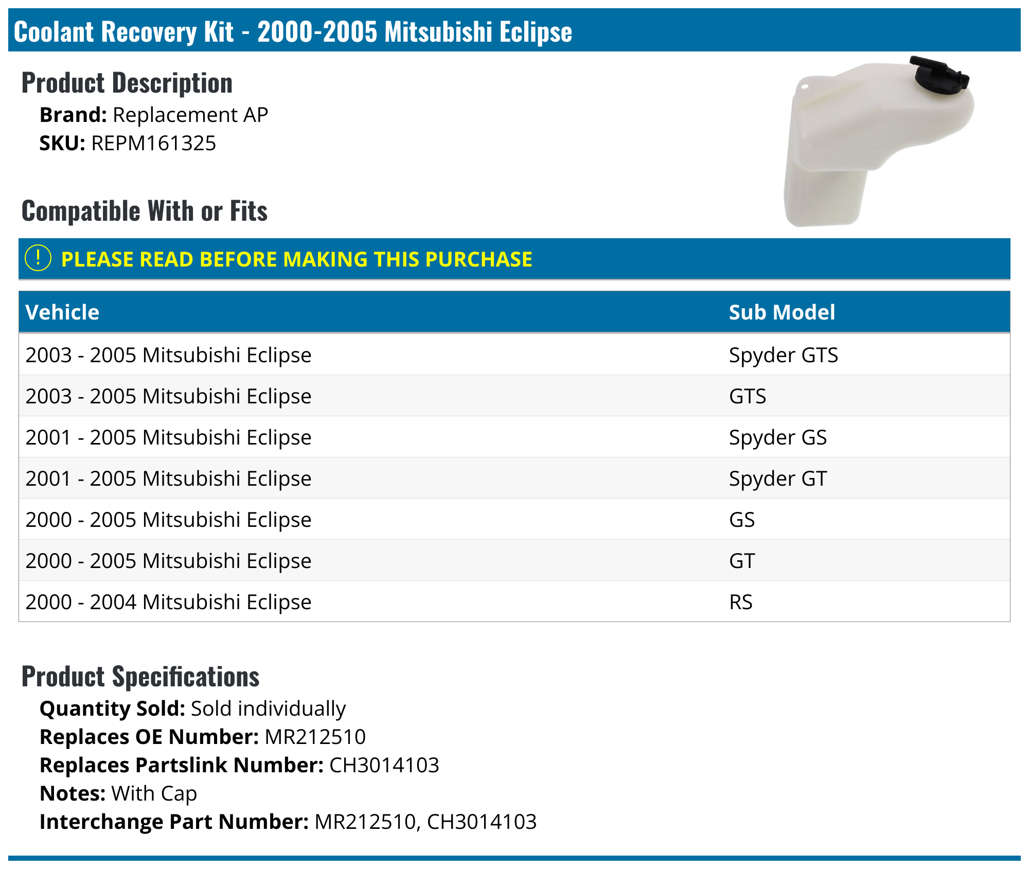 2000-2005 Mitsubishi Eclipse Coolant Recovery Kit - Replacement AP ...