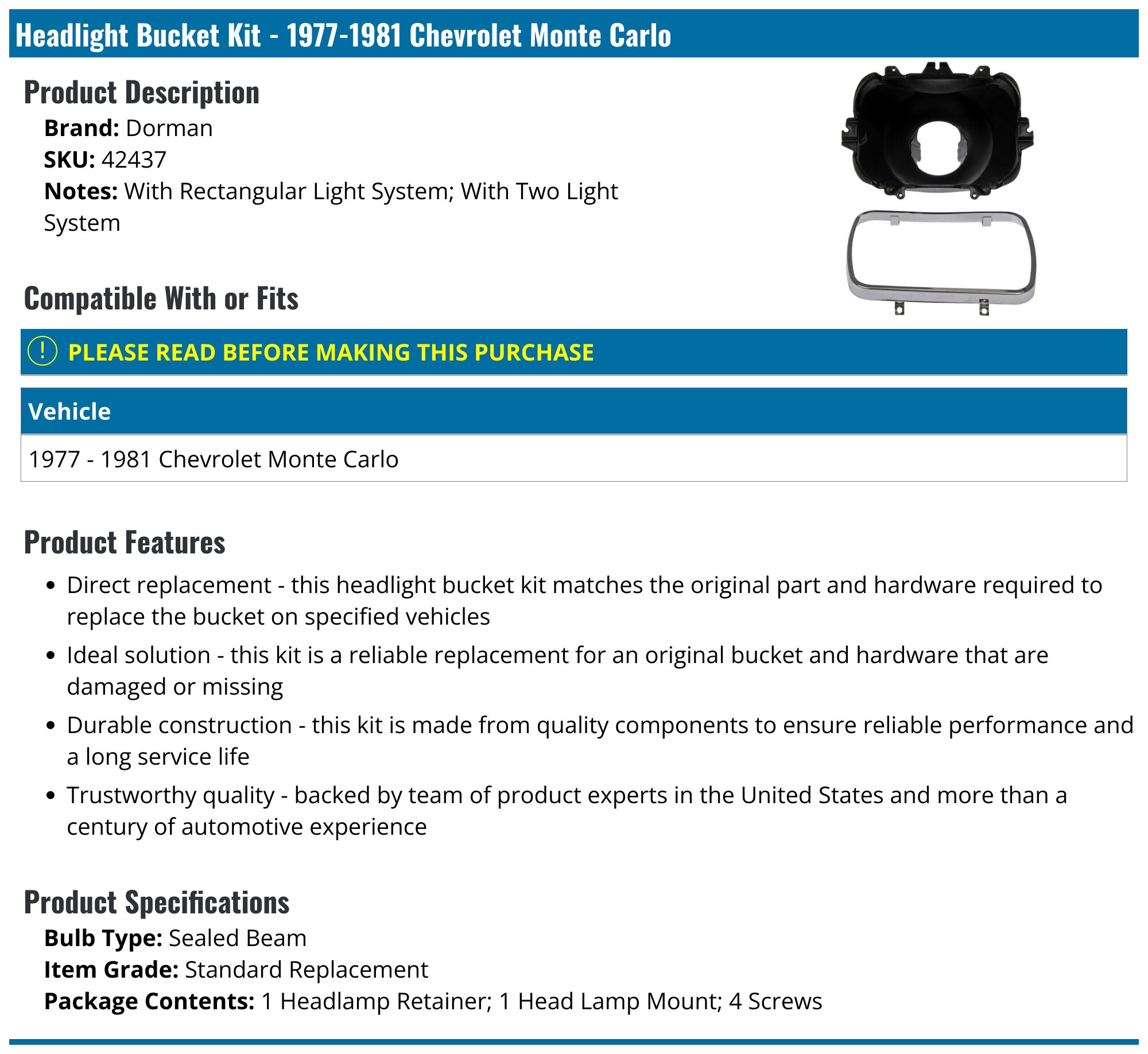 1977-1981 Chevrolet Monte Carlo Headlight Bucket - Dorman 42437 ...