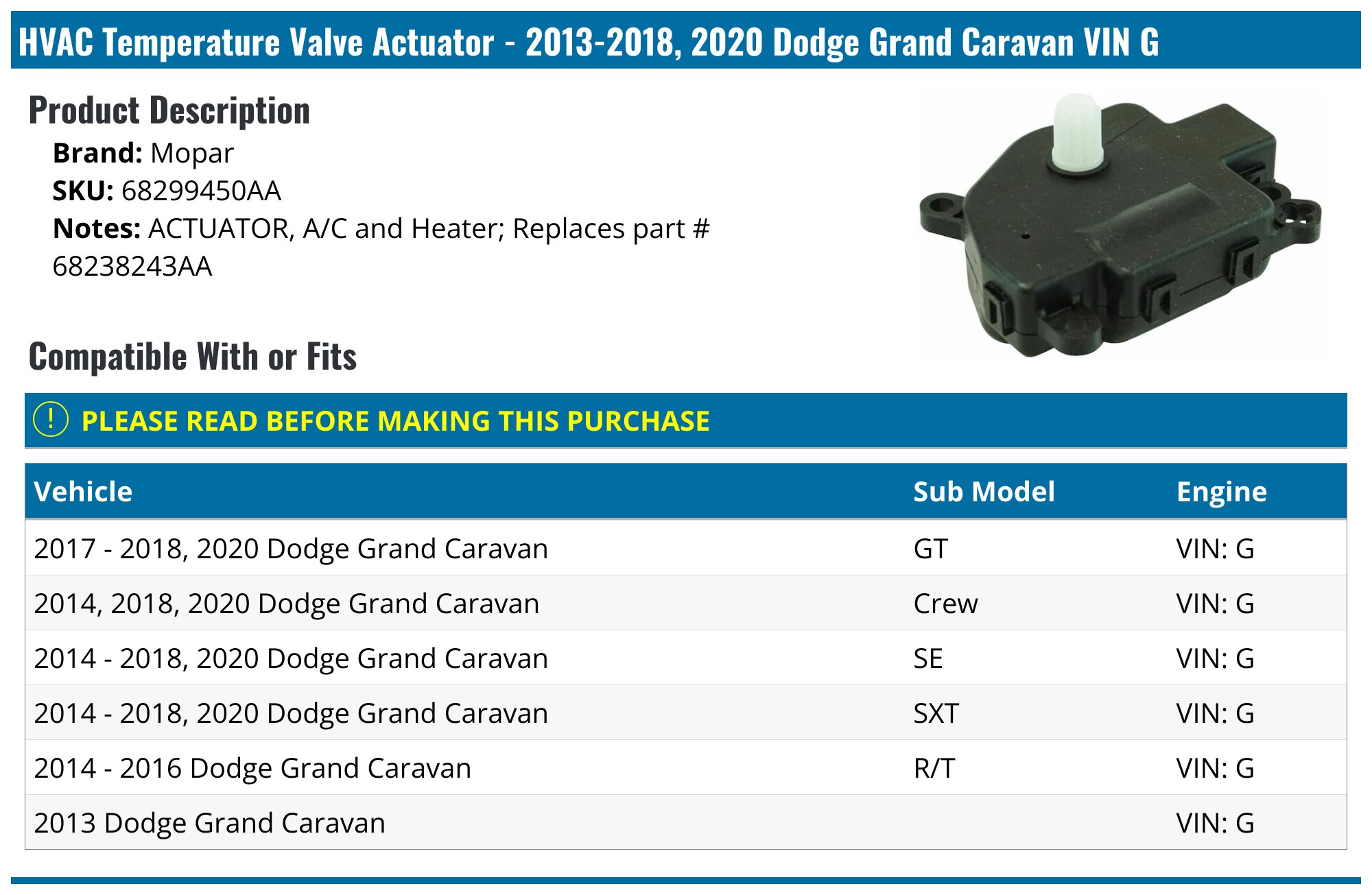 2008-2020 Dodge Grand Caravan Air Flap Actuator - Mopar 68299450AA ...