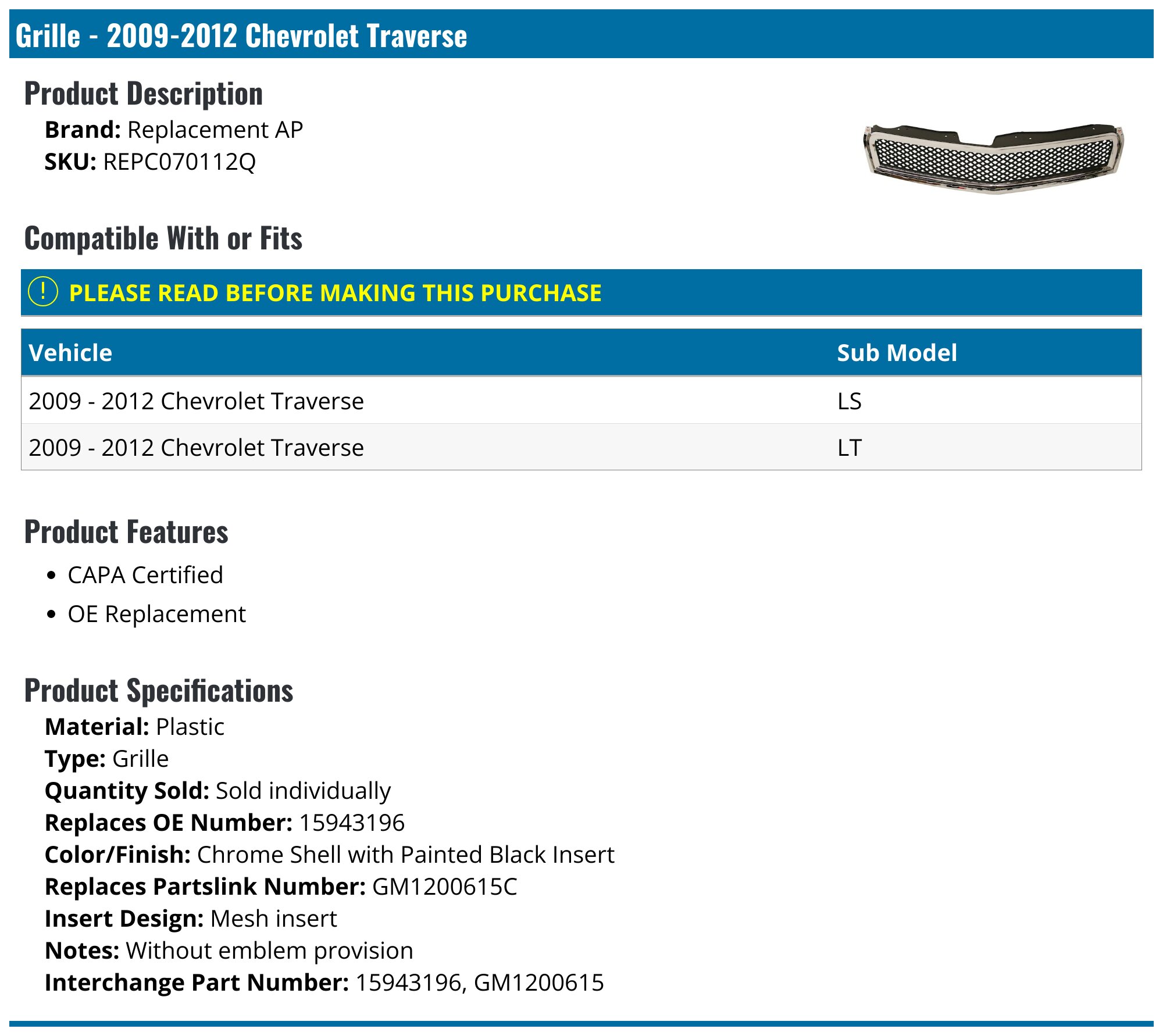2009-2012 Chevrolet Traverse Grille Assembly - Replacement AP ...