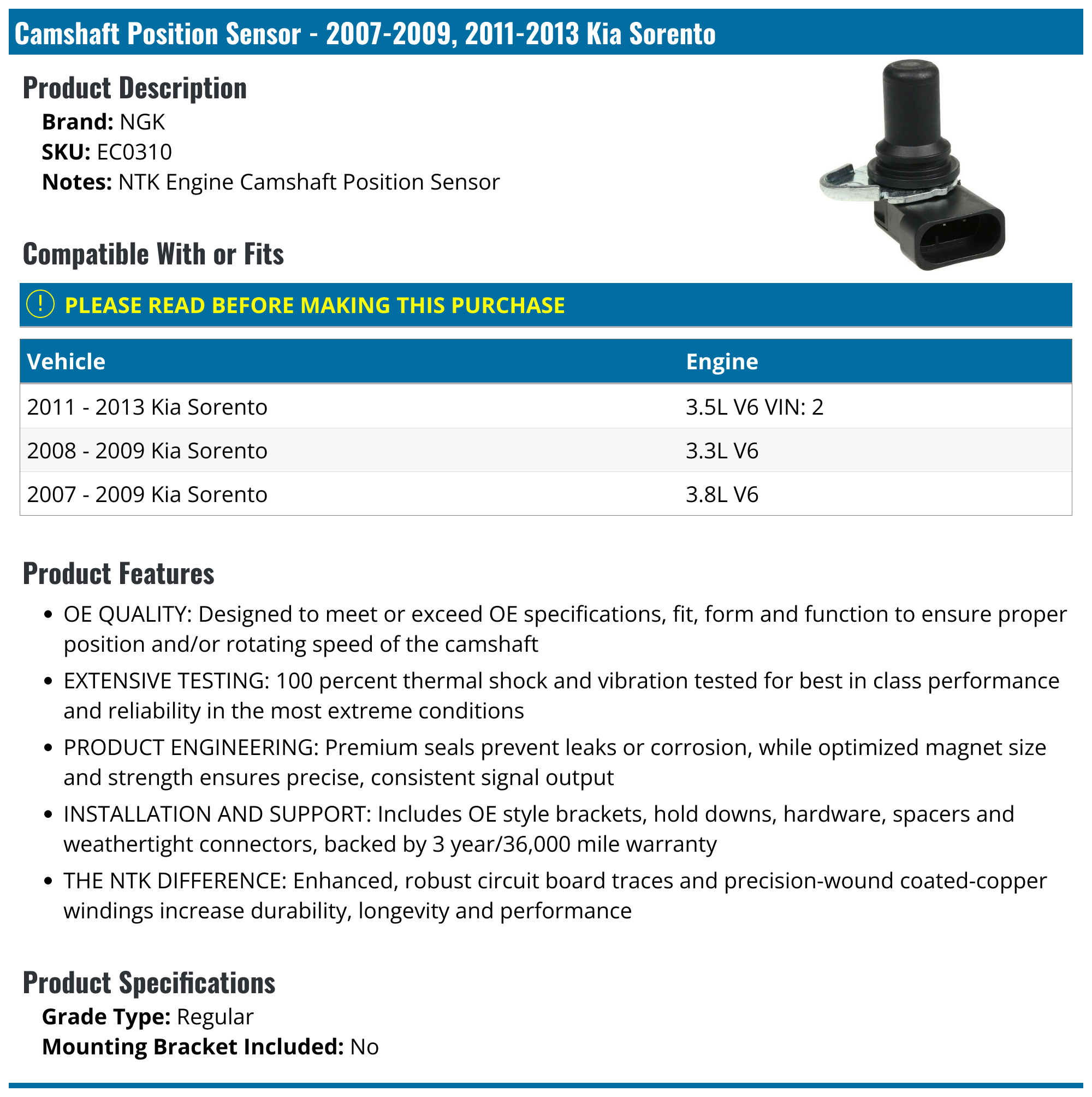 2007-2009, 2011-2013 Kia Sorento Camshaft Position Sensor - NGK EC0310 ...
