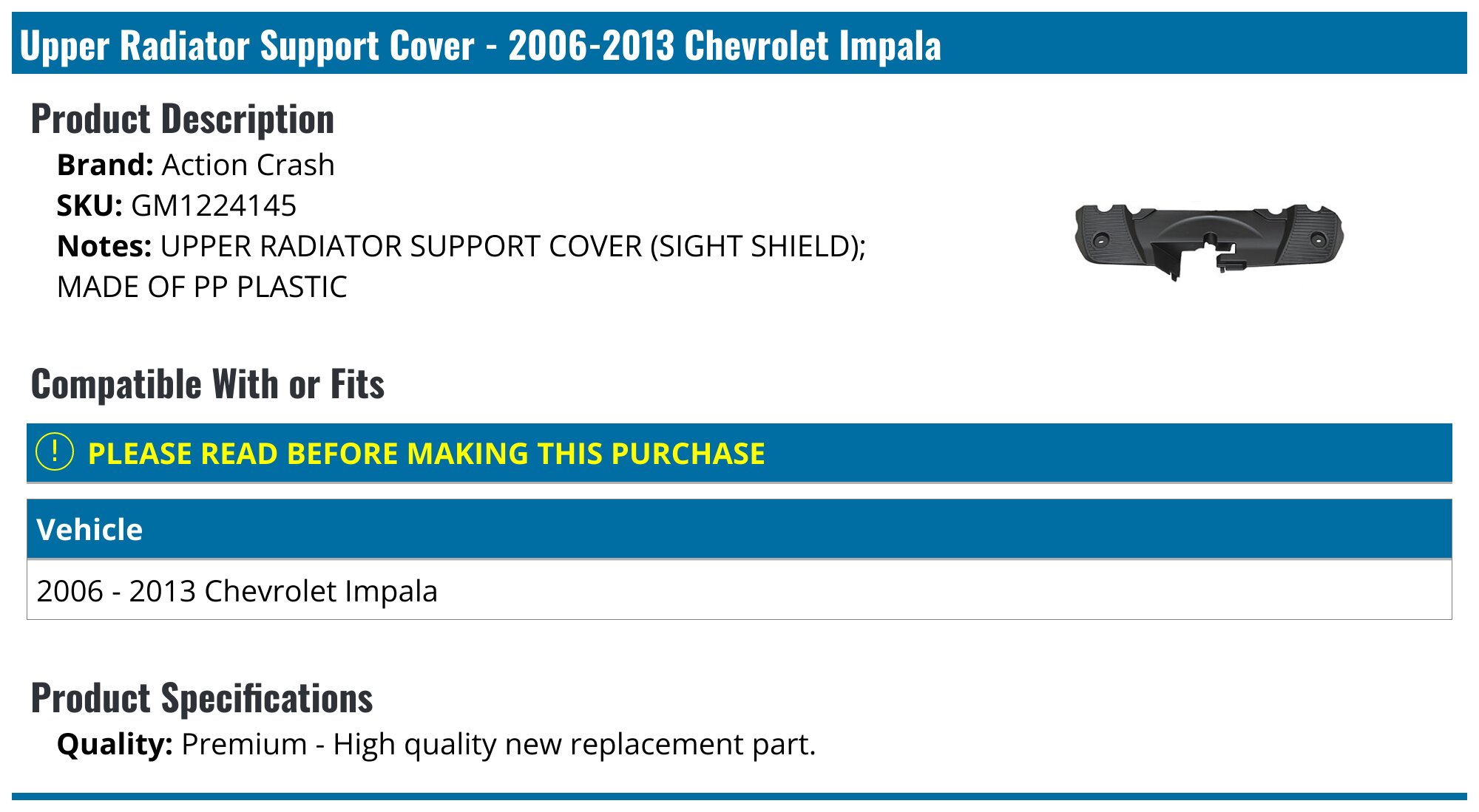 2006-2013 Chevrolet Impala Radiator Support Cover - Action Crash ...