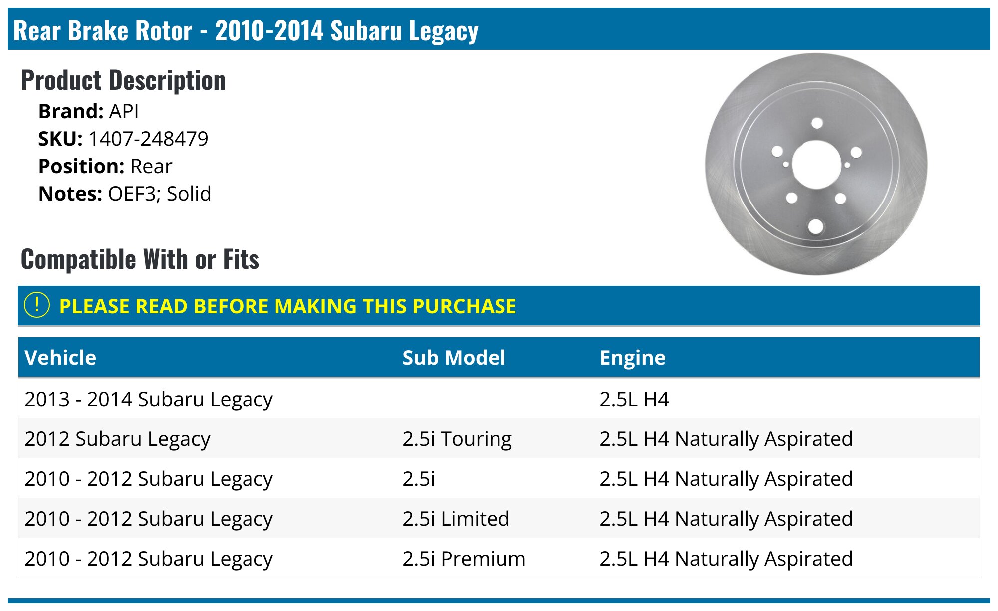 2010-2014 Subaru Legacy Brake Rotor - API 96047-07886997 - Rear ...
