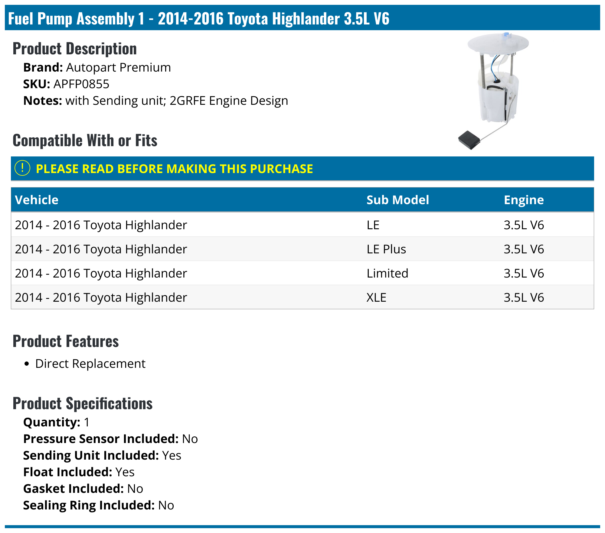 2014-2016 Toyota Highlander Fuel Pump - Autopart Premium APFP0855 ...