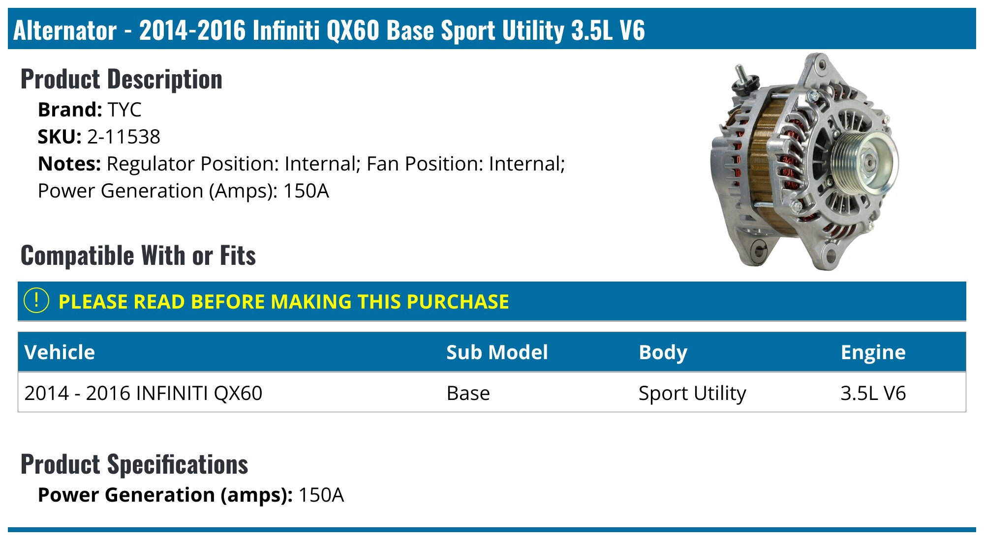 2014-2016 Infiniti QX60 Alternator - TYC 2-11538 - PartsGeek.com