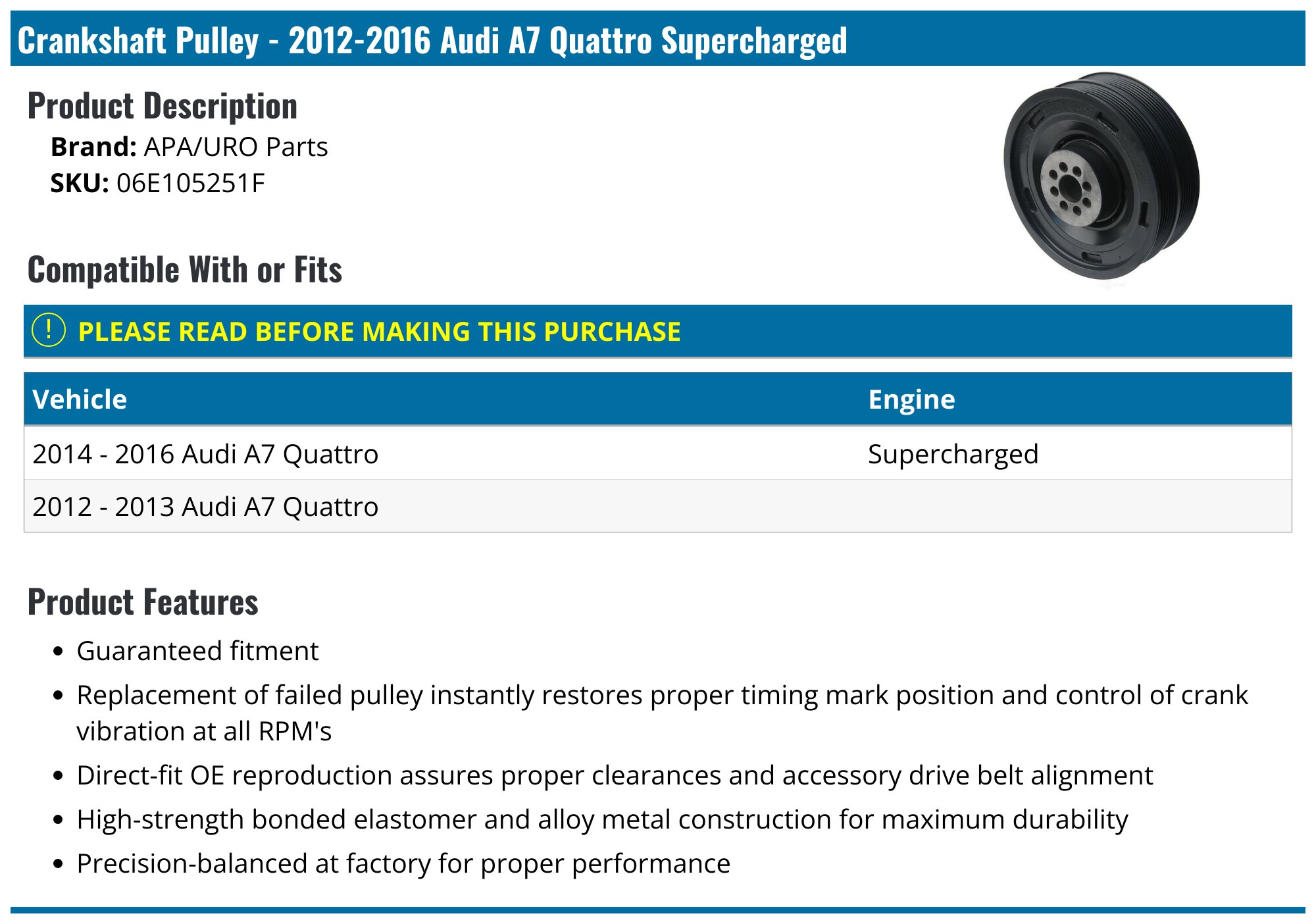 2012-2016 Audi A7 Quattro Crankshaft Pulley - APA/URO Parts 06E105251F ...