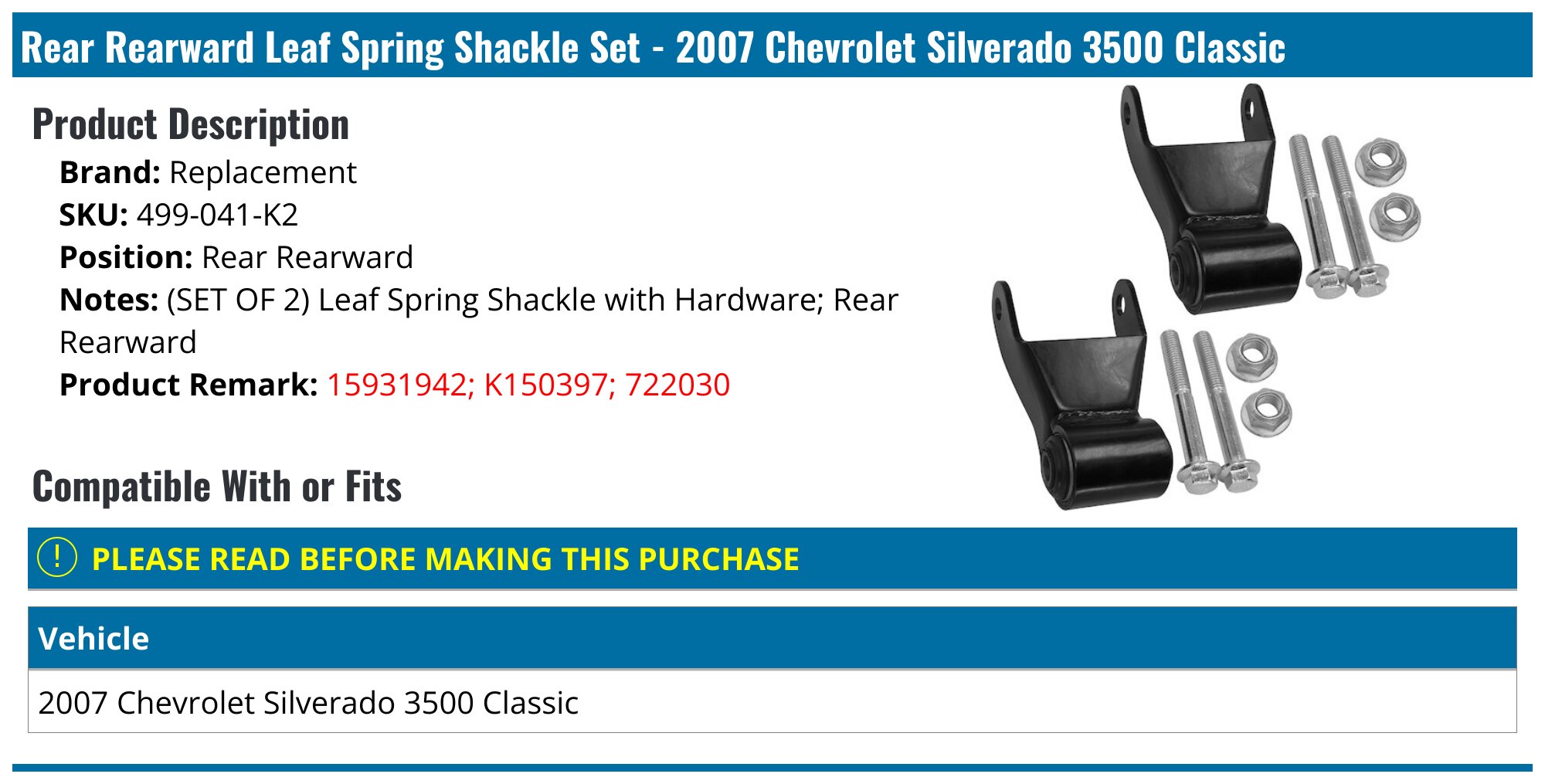 2007 Chevrolet Silverado 3500 Classic Leaf Spring Shackle - Replacement ...