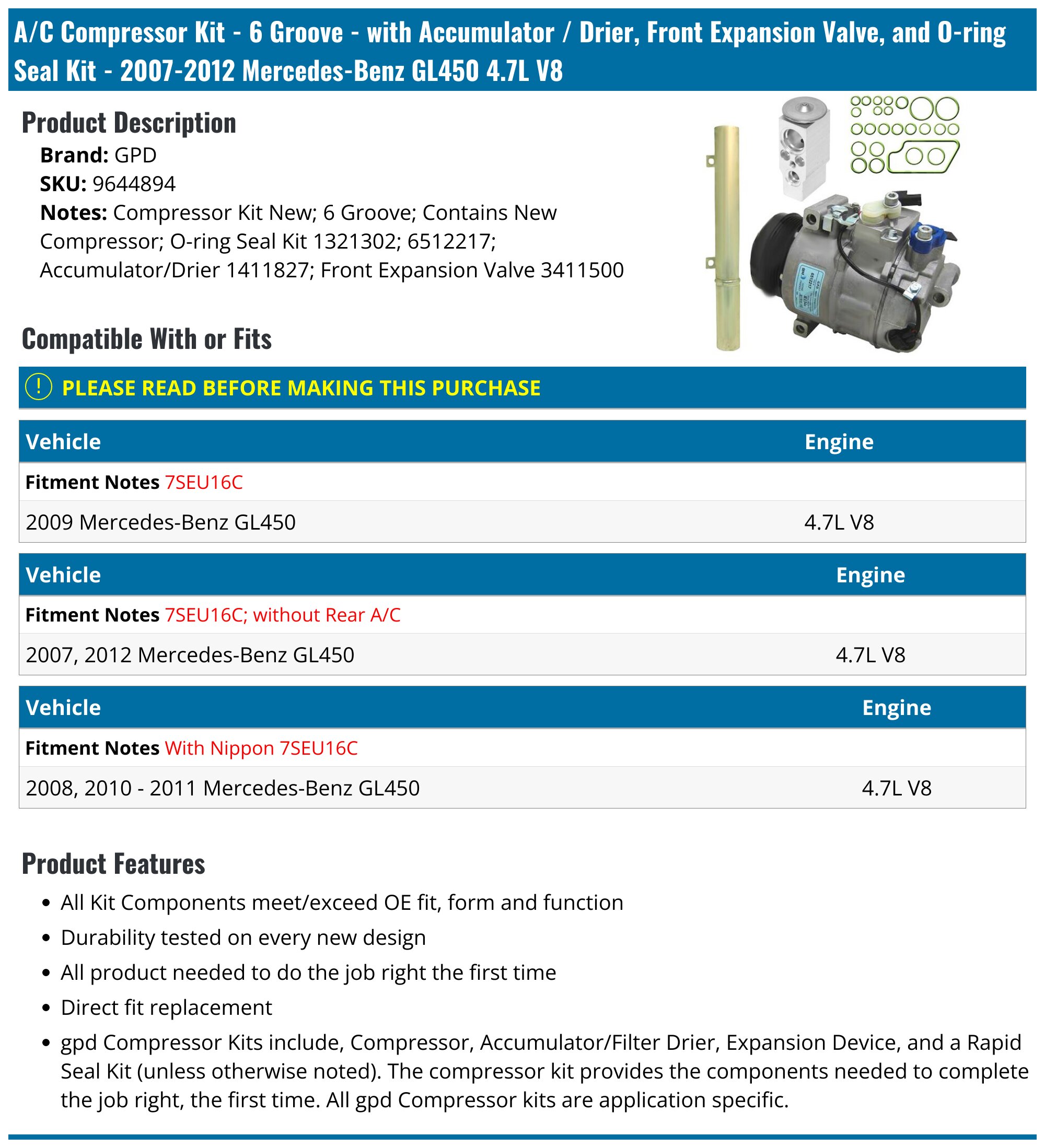 2009, 2012 Mercedes GL450 A/C Compressor - GPD 9644894 - PartsGeek.com