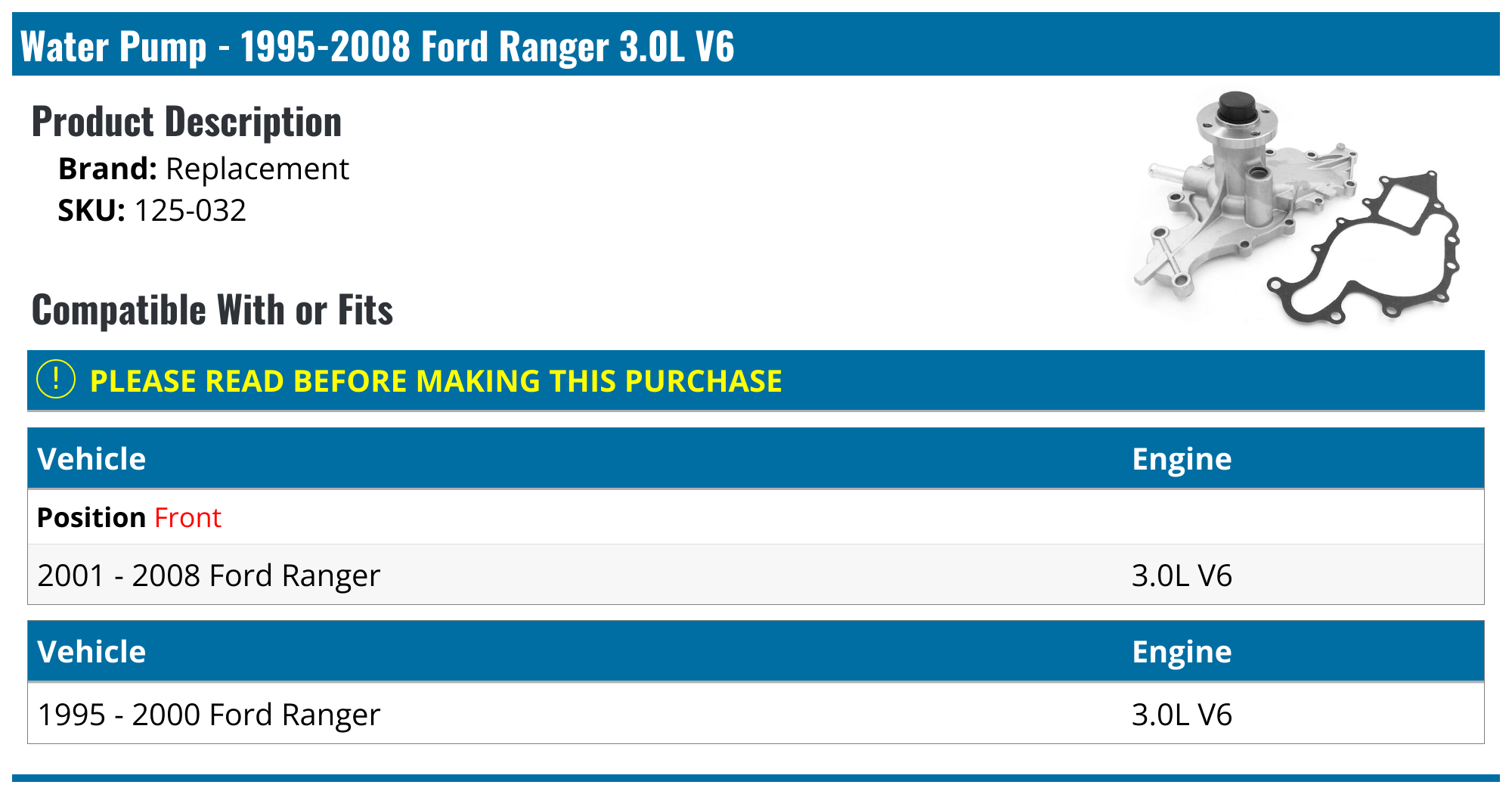 1995-2008 Ford Ranger Water Pump - Replacement 125-032 - PartsGeek.com