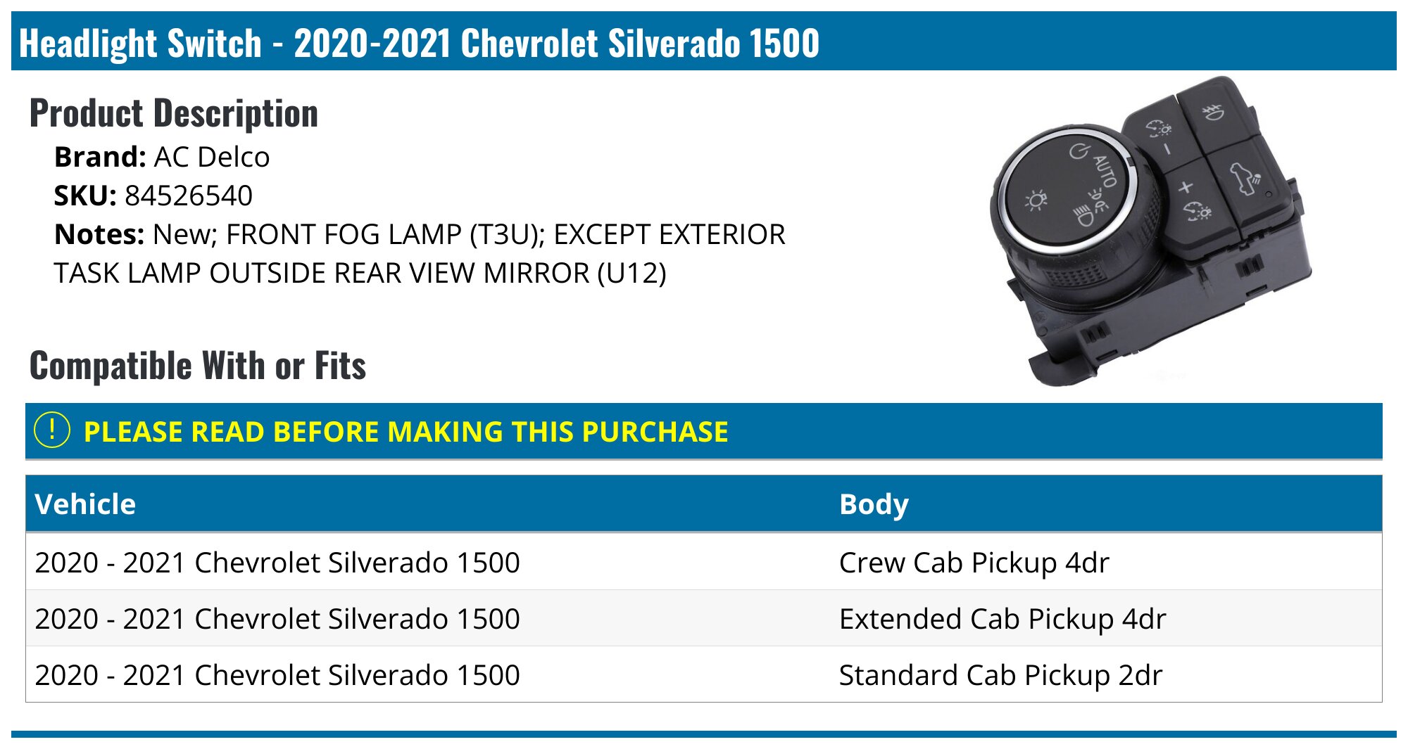 2020-2021 Chevrolet Silverado 1500 Headlight Switch - AC Delco 84526540 ...