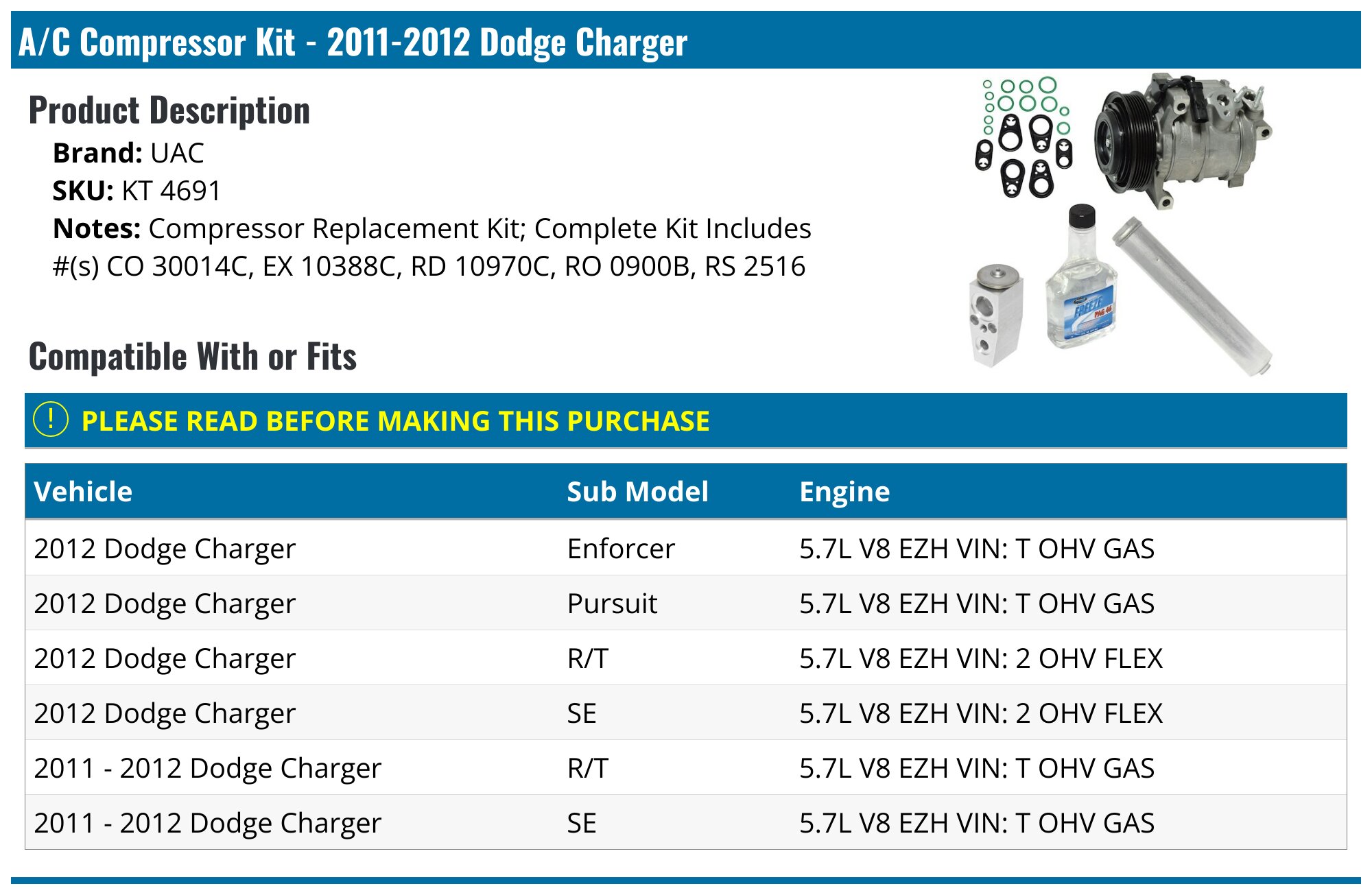 2011-2013 Dodge Charger A/C Compressor - UAC KT 4691 - PartsGeek.com