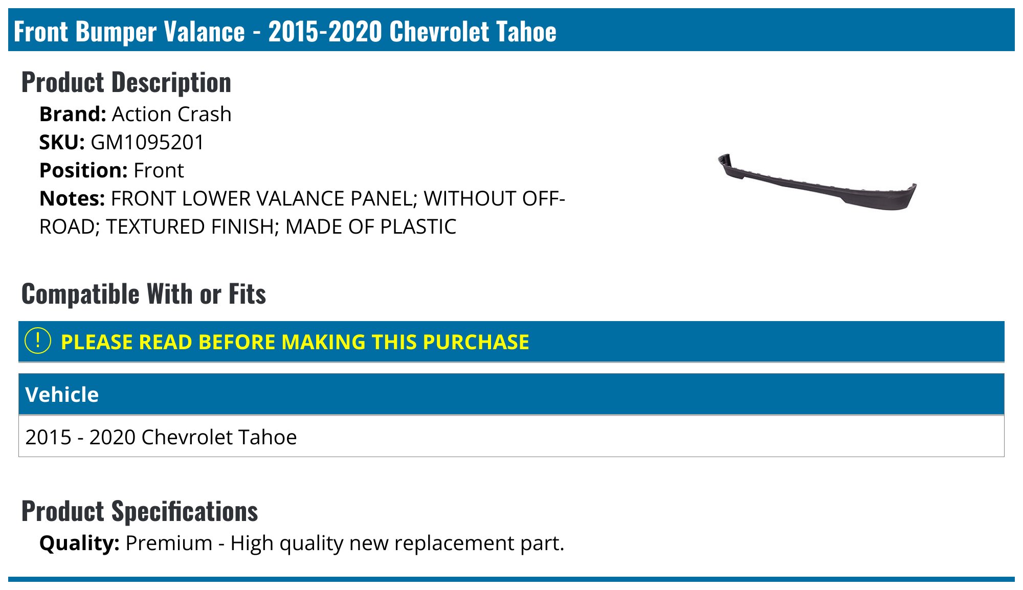 2015-2020 Chevrolet Tahoe Bumper Valance - Action Crash GM1095201 ...
