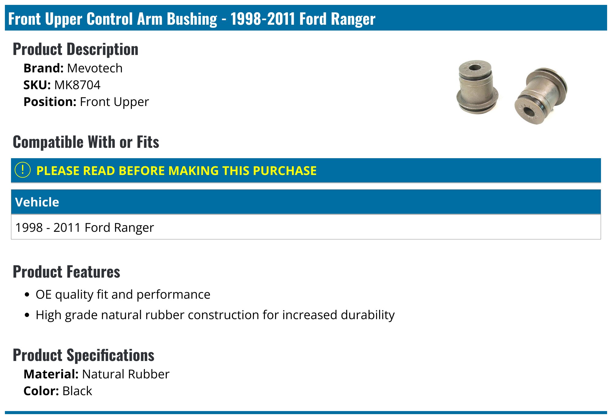 1998-2011 Ford Ranger Control Arm Bushing - Mevotech MK8704 - Front ...