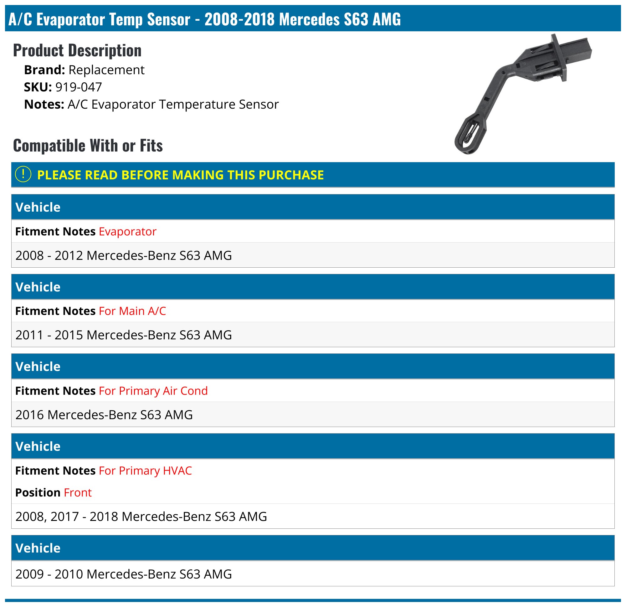 2008-2018 Mercedes S63 AMG A/C Evaporator Temp Sensor - Replacement 919 ...