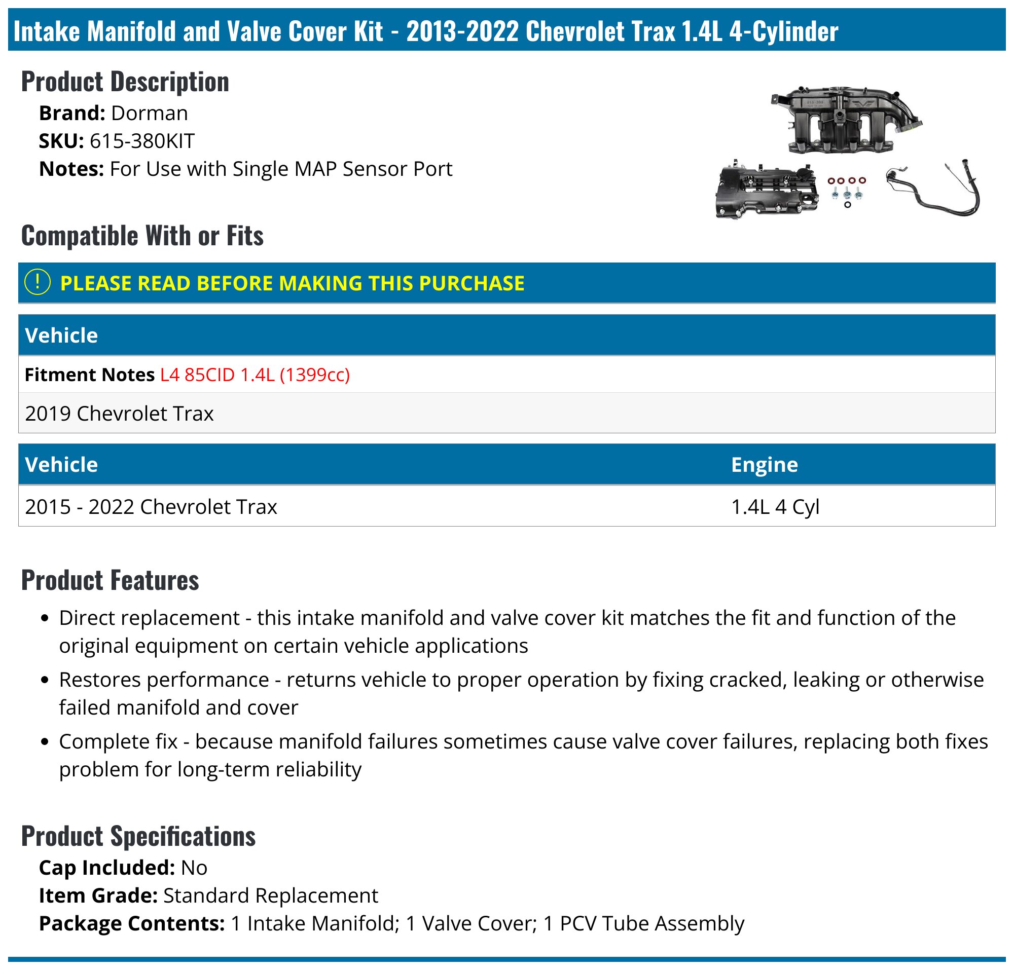2013-2021 Chevrolet Trax Intake Manifold - Dorman 615-380KIT ...