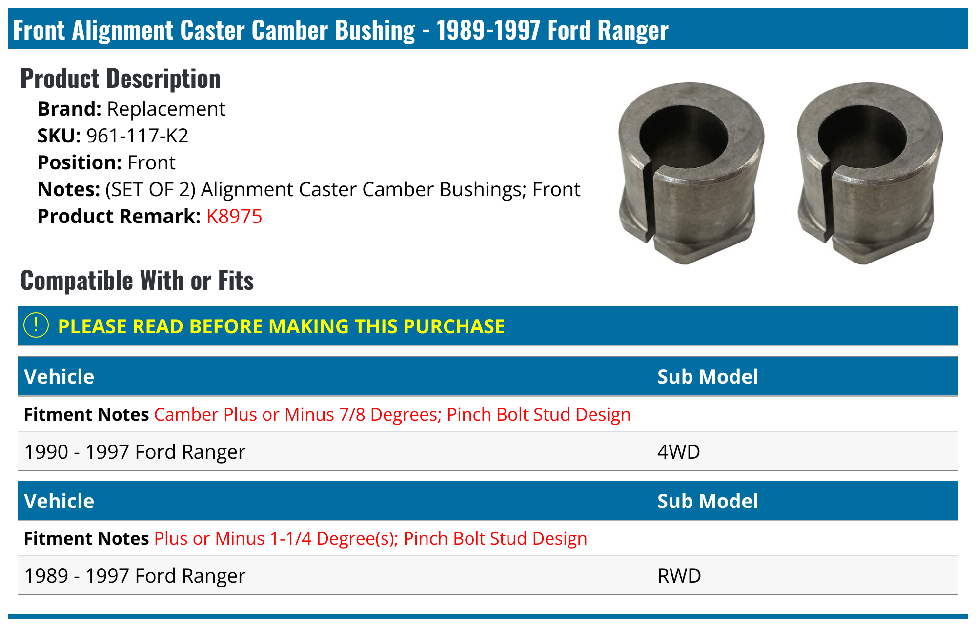 1989-1997 Ford Ranger Alignment Caster Camber Bushing - Replacement 961 ...