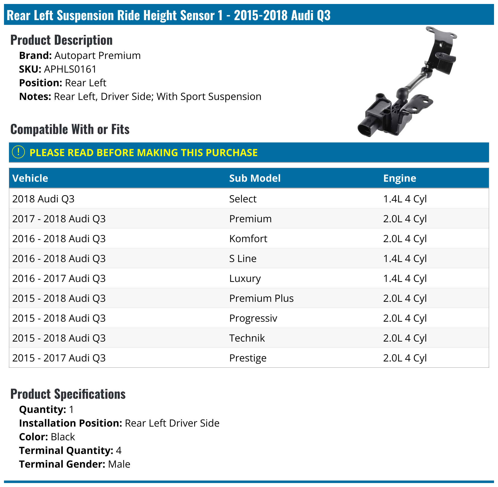 2015-2018 Audi Q3 Headlight Level Sensor - Autopart Premium APHLS0161 ...