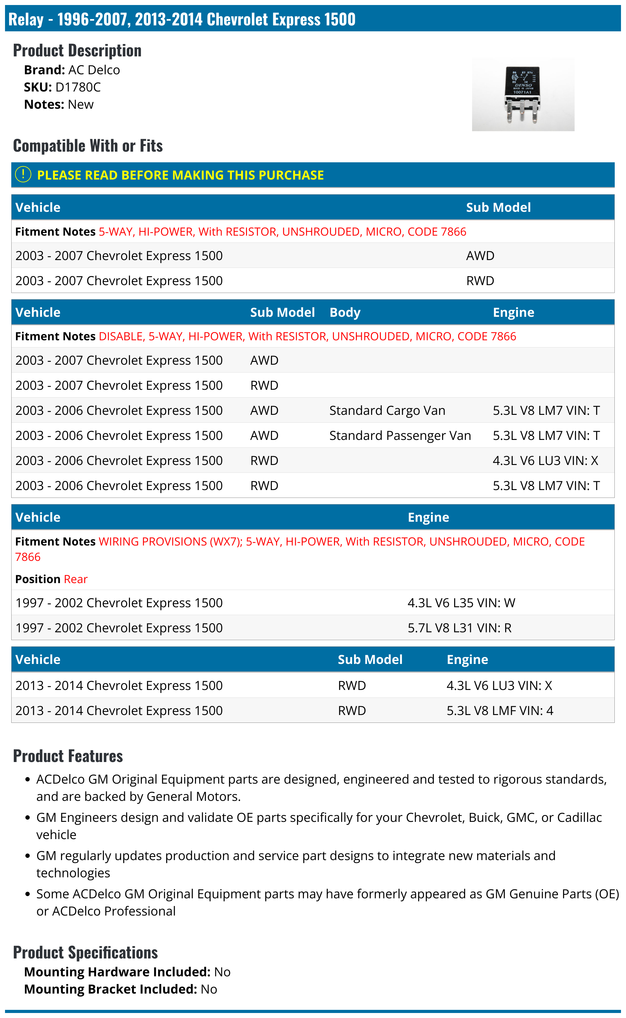 1996-1999, 2003-2007, 2013-2014 Chevrolet Express 1500 Relay - AC Delco ...