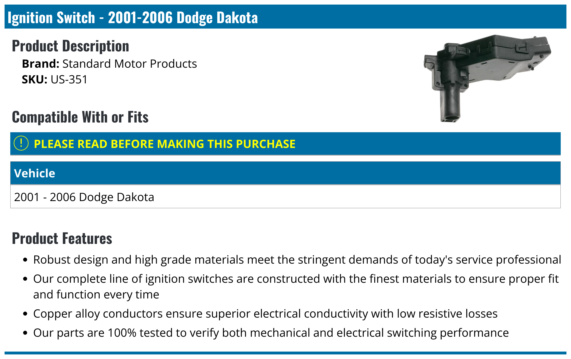 2001-2006 Dodge Dakota Ignition Switch - Standard Motor Products US-351 ...
