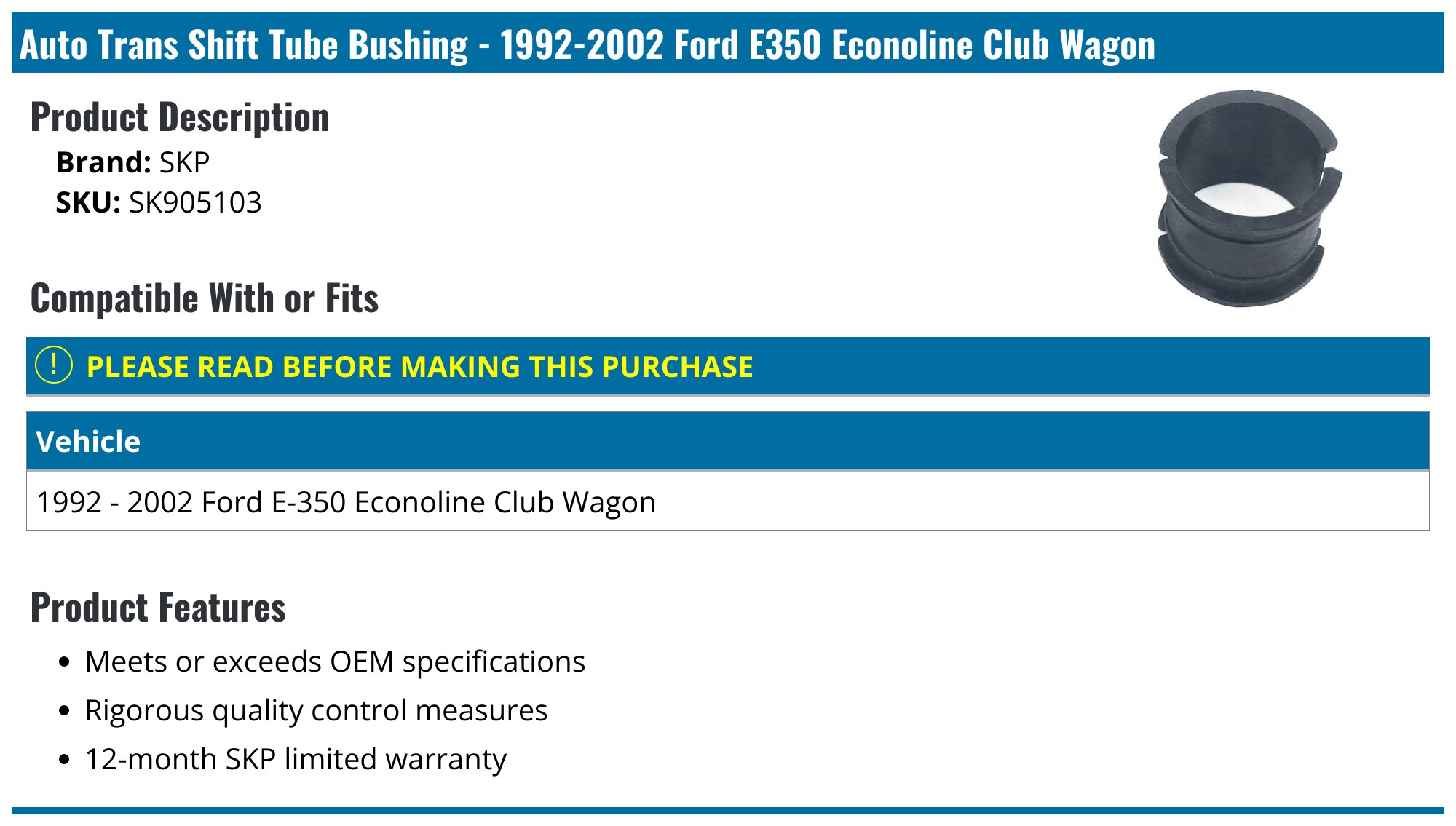 1992-2002 Ford E350 Econoline Club Wagon Auto Trans Shift Tube Bushing ...