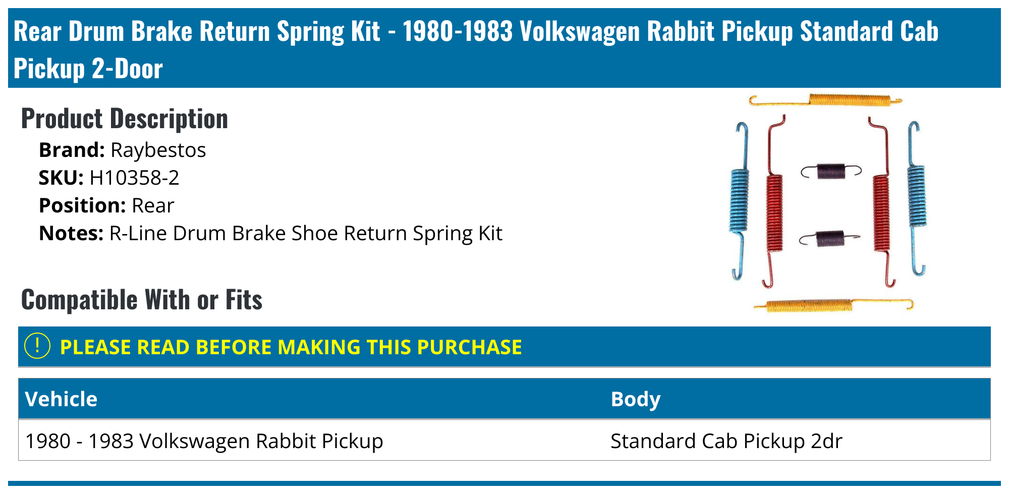 1980-1983 Volkswagen Rabbit Pickup Drum Brake Return Spring Kit ...