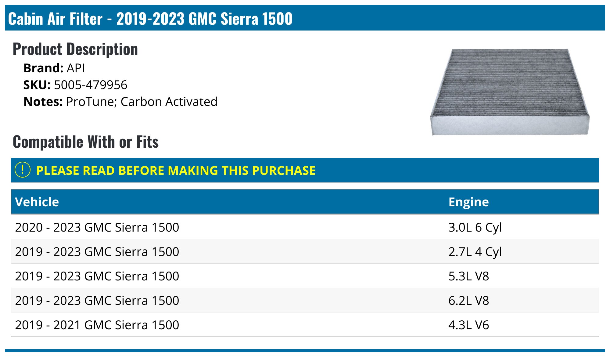 2019-2023 GMC Sierra 1500 Cabin Air Filter - API 146573-07800443 ...