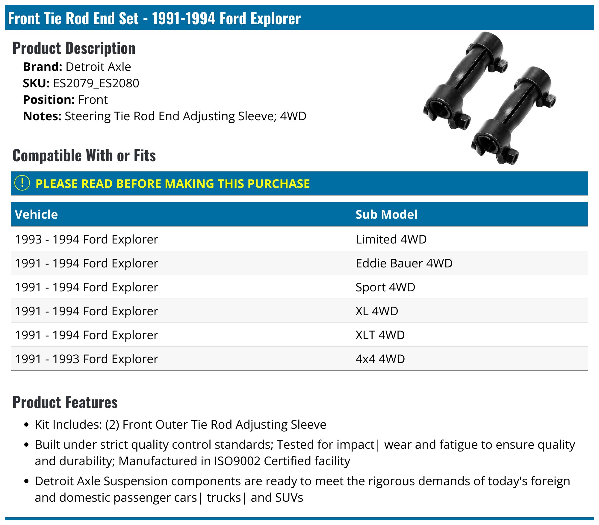 1991-1994 Ford Explorer Tie Rod End - Detroit Axle ES2079_ES2080 ...