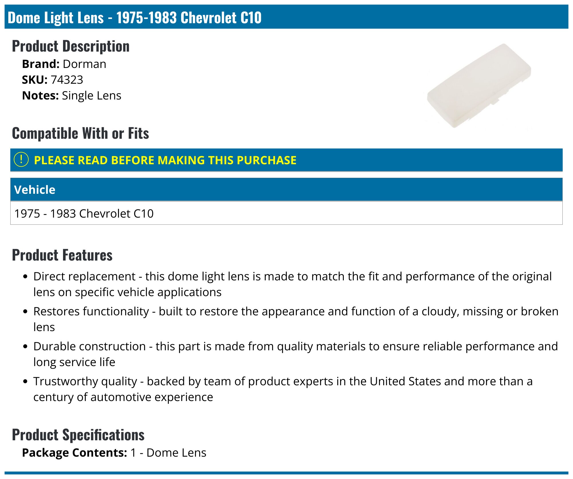 1975-1983 Chevrolet C10 Interior Dome Light - Dorman 74323 - PartsGeek.com