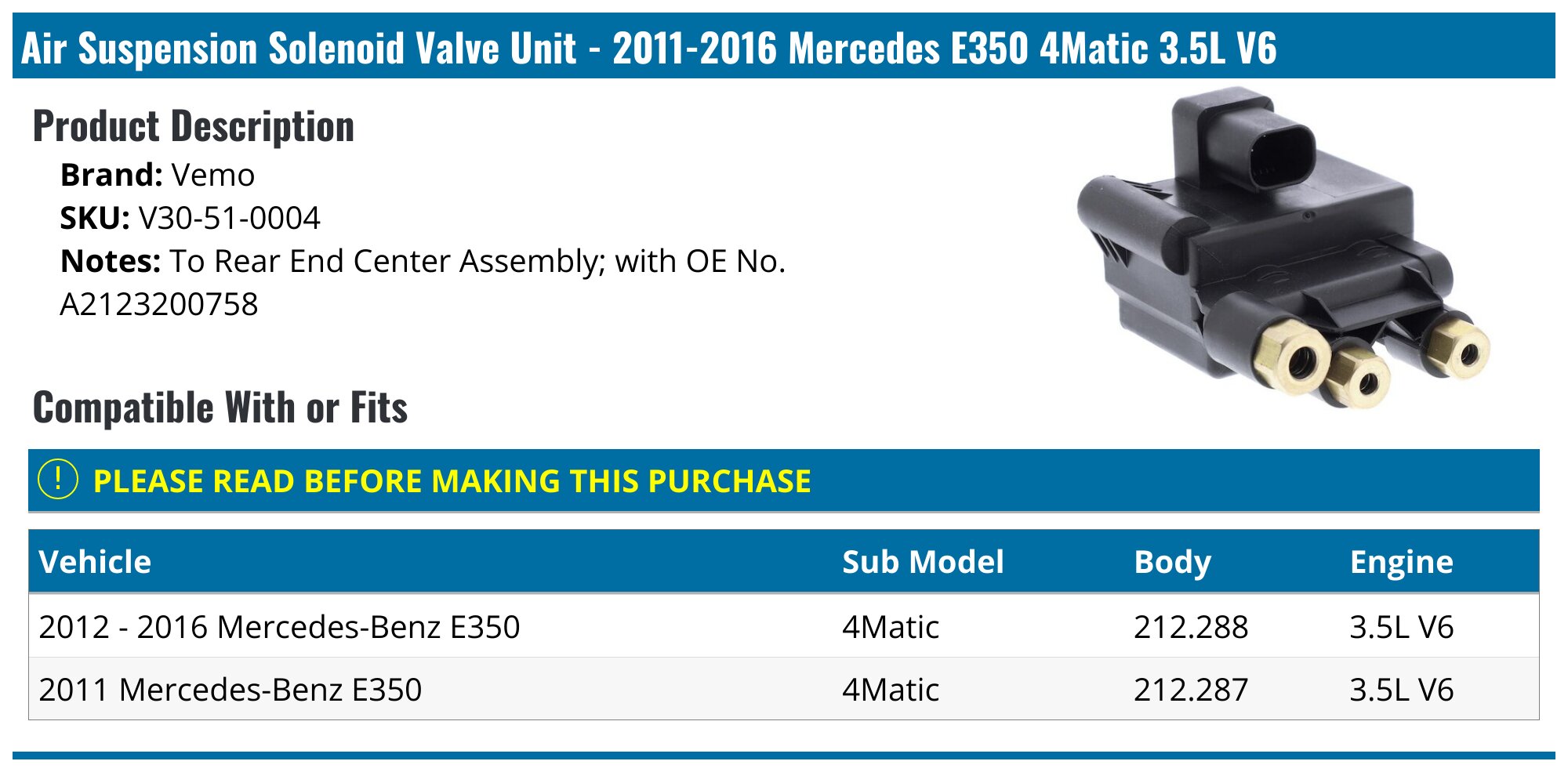 2011-2016 Mercedes E350 Air Suspension Solenoid Valve Unit - Vemo V30 ...