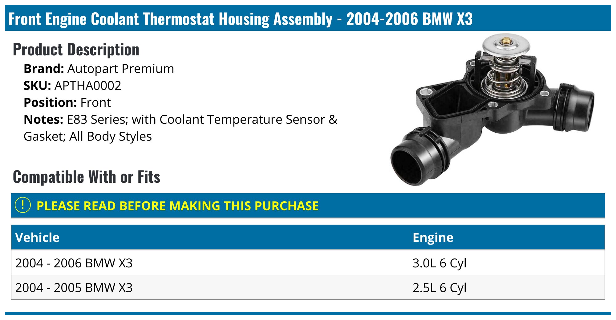 2004-2006 BMW X3 Thermostat Housing - Autopart Premium APTHA0002 ...