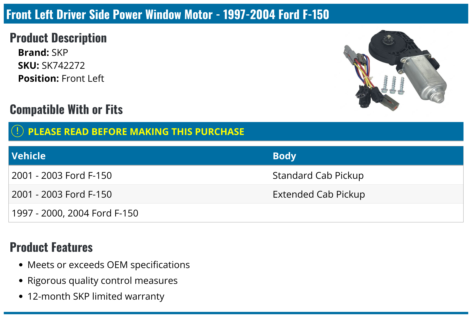 1997-2004 Ford F150 Window Motor - SKP SK742272 - Front Left ...