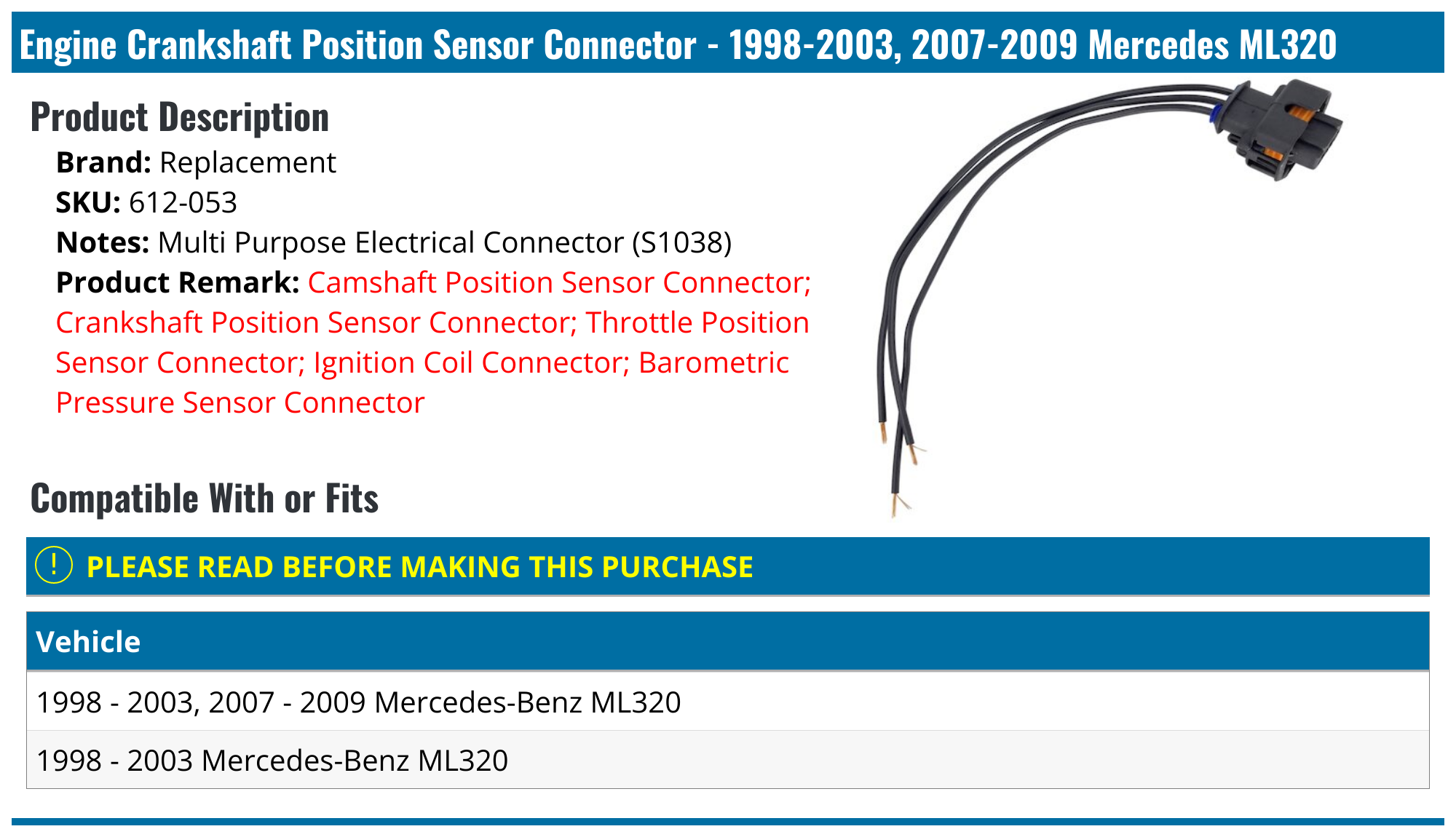 1998-2003, 2007-2009 Mercedes ML320 Engine Crankshaft Position Sensor ...