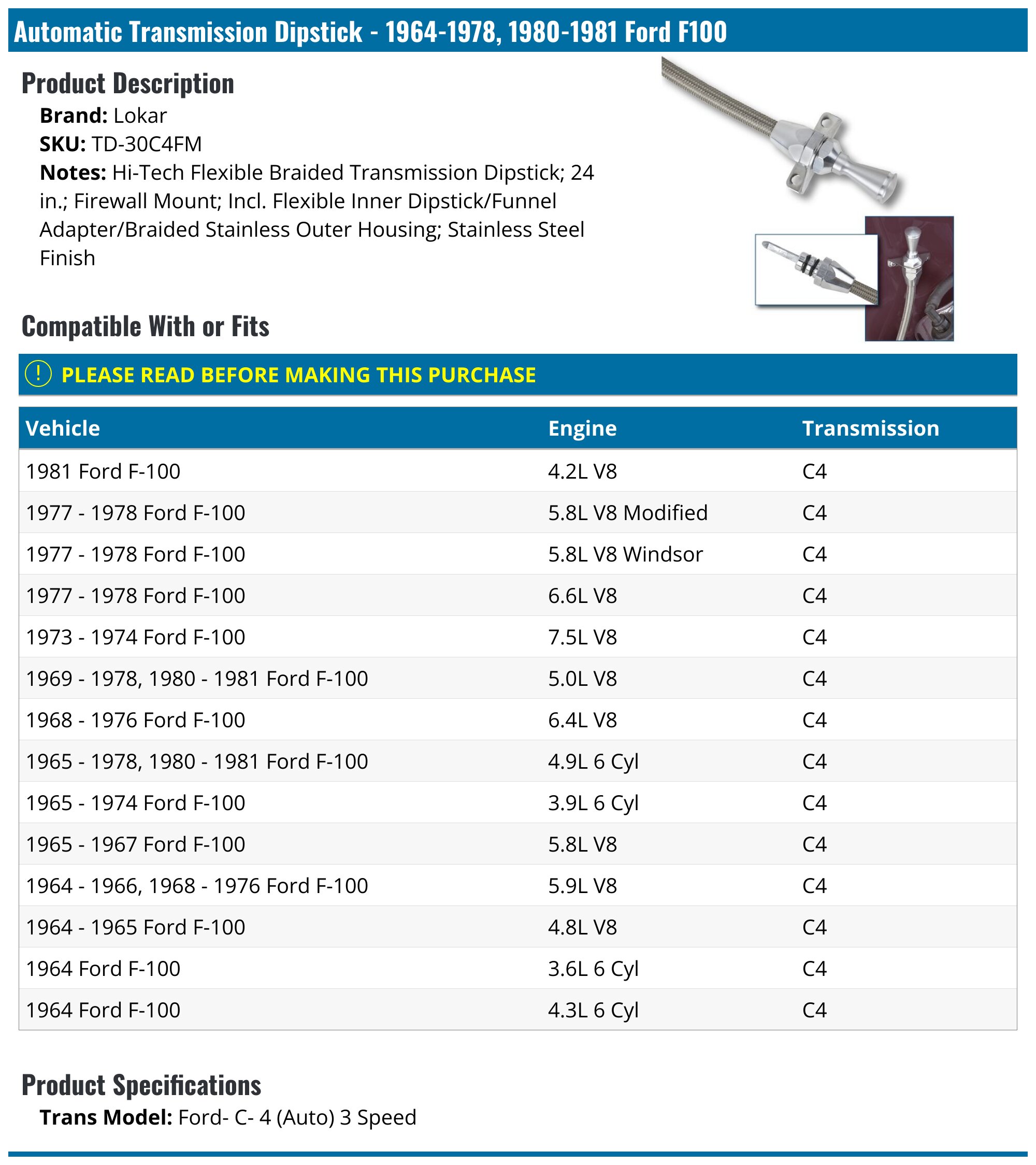 1964-1978, 1980-1981 Ford F100 Automatic Transmission Dipstick - Lokar ...