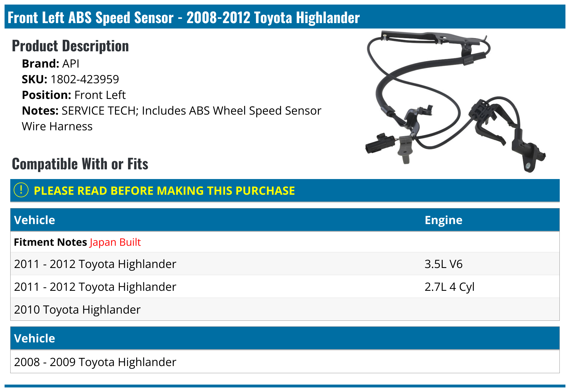 2008-2012 Toyota Highlander ABS Speed Sensor - API 28609-07654262 ...