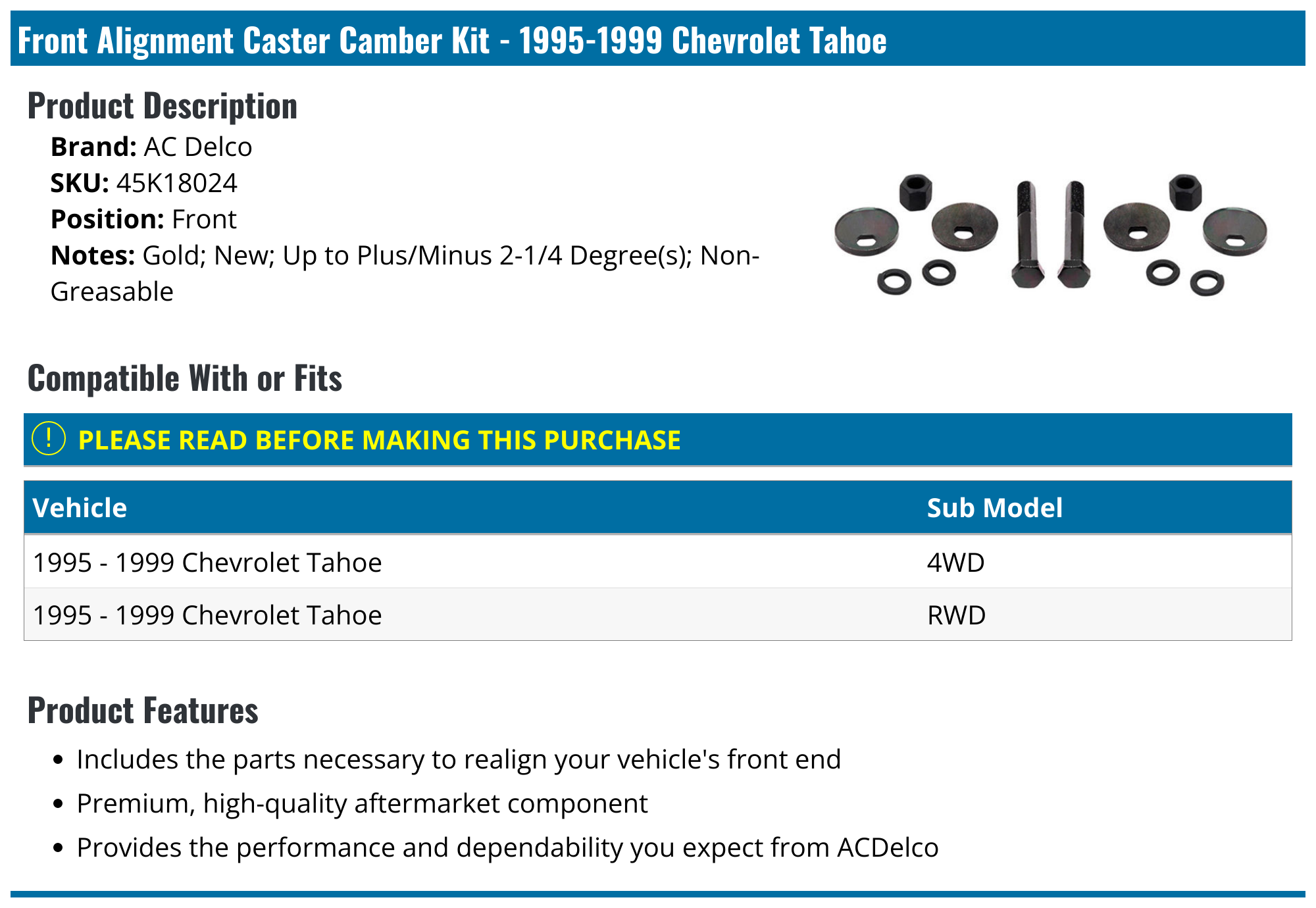 1995-1999 Chevrolet Tahoe Alignment Caster Camber Kit - AC Delco ...