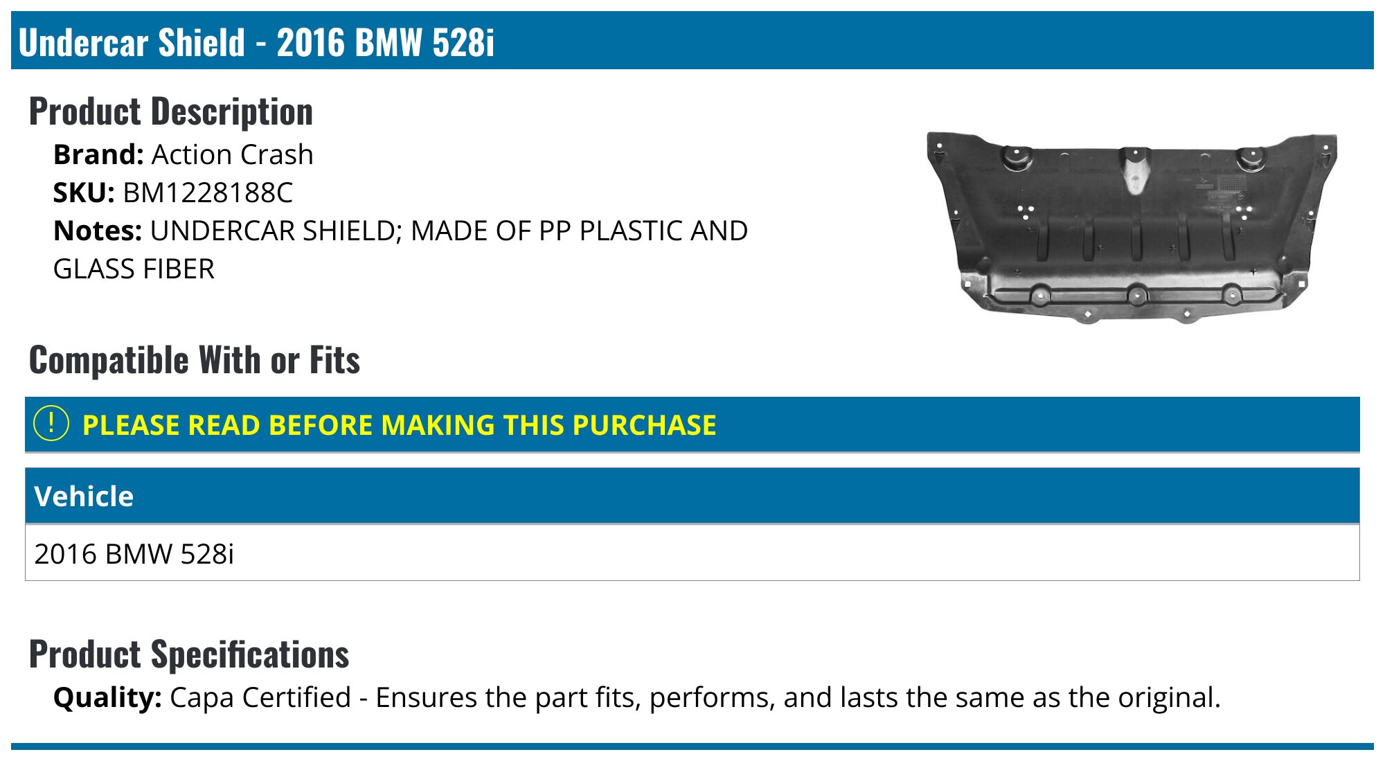 2016 BMW 528i Lower Engine Cover - Action Crash BM1228188C - PartsGeek.com