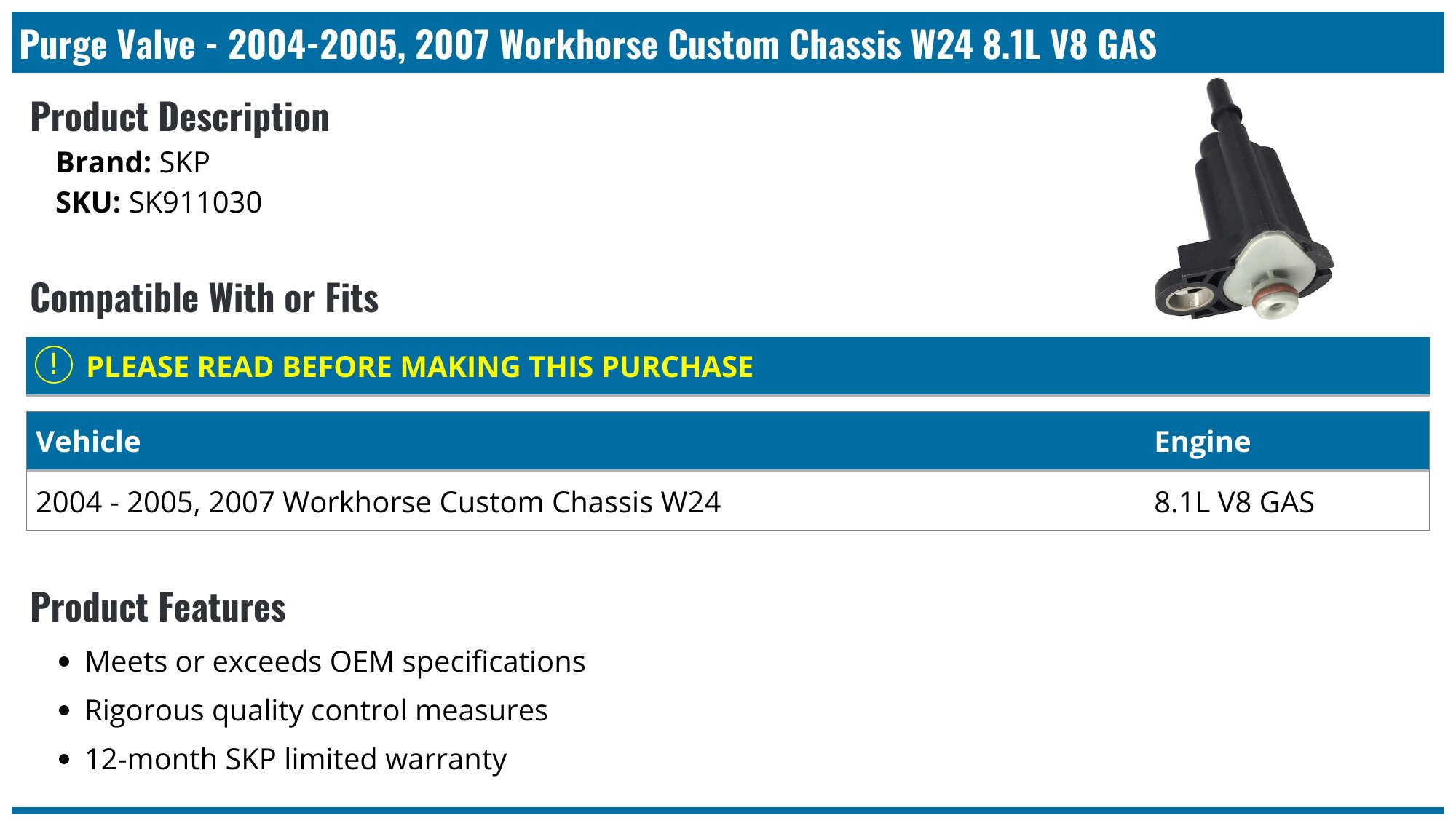 2004-2005, 2007 Workhorse Custom Chassis W24 Purge Valve - SKP SK911030 ...