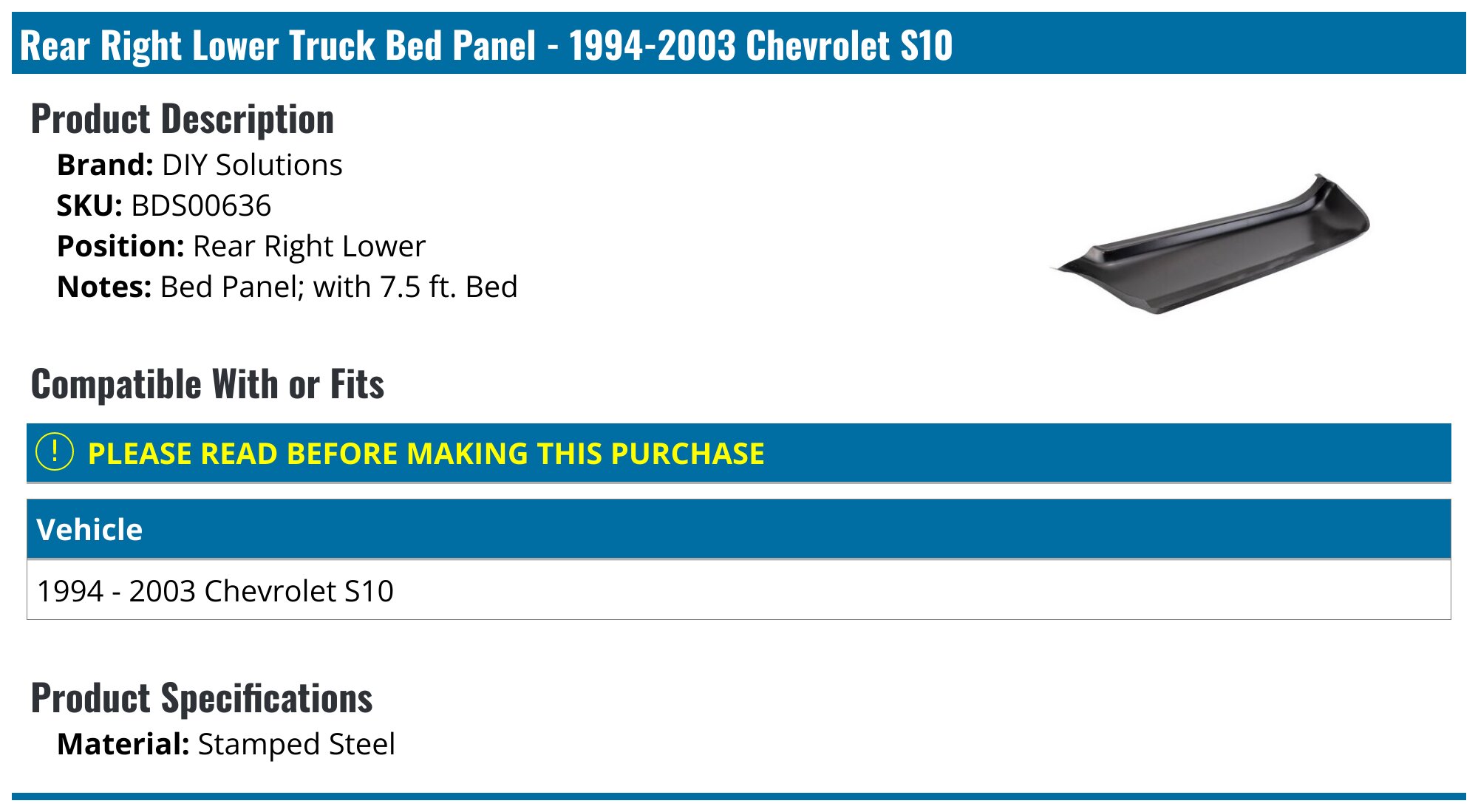 1994-2003 Chevrolet S10 Truck Bed Panel - DIY Solutions BDS00636 - Rear ...